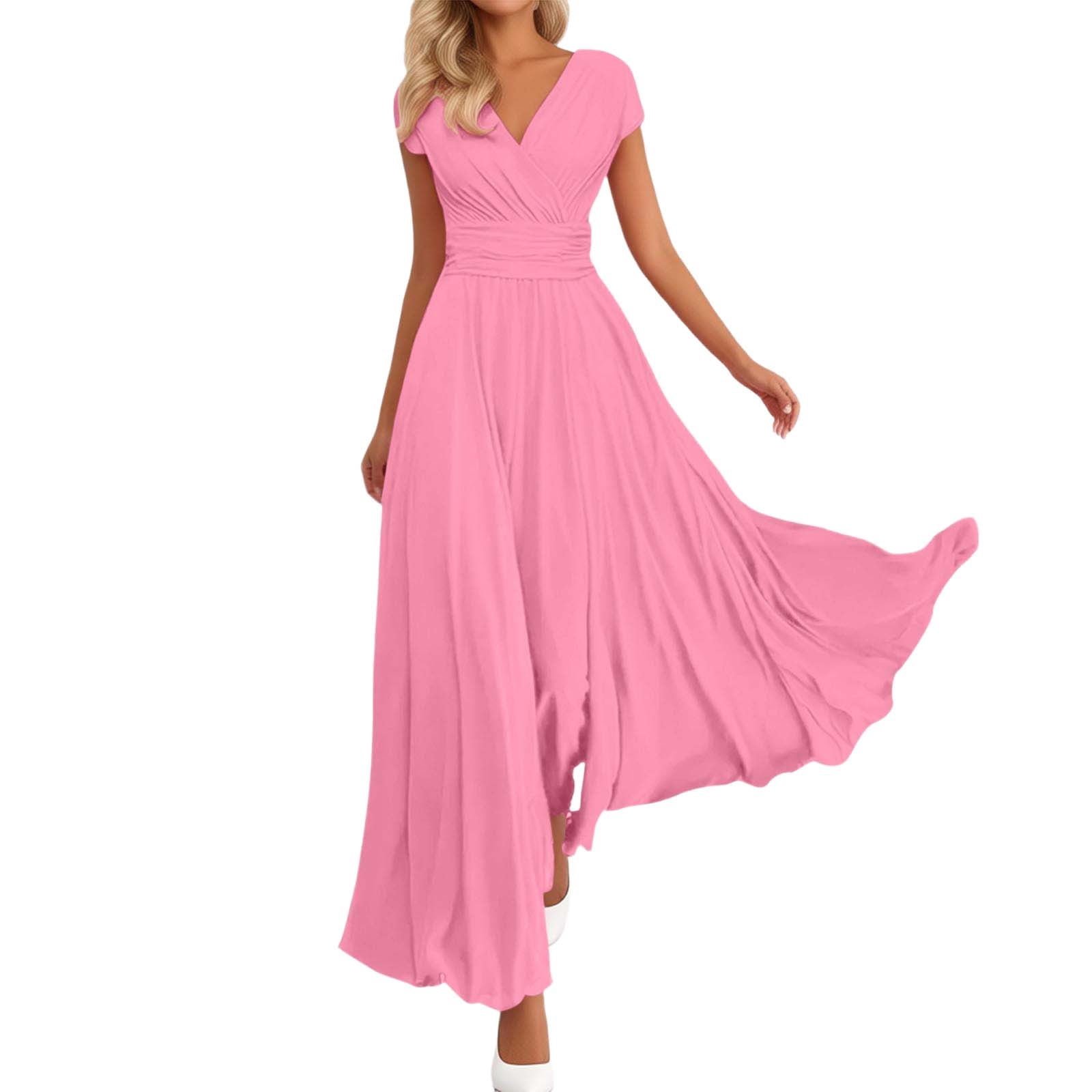 SONXAHE Women's Ruched-Waist Maxi Dress Short-Sleeve Evening Formal ...
