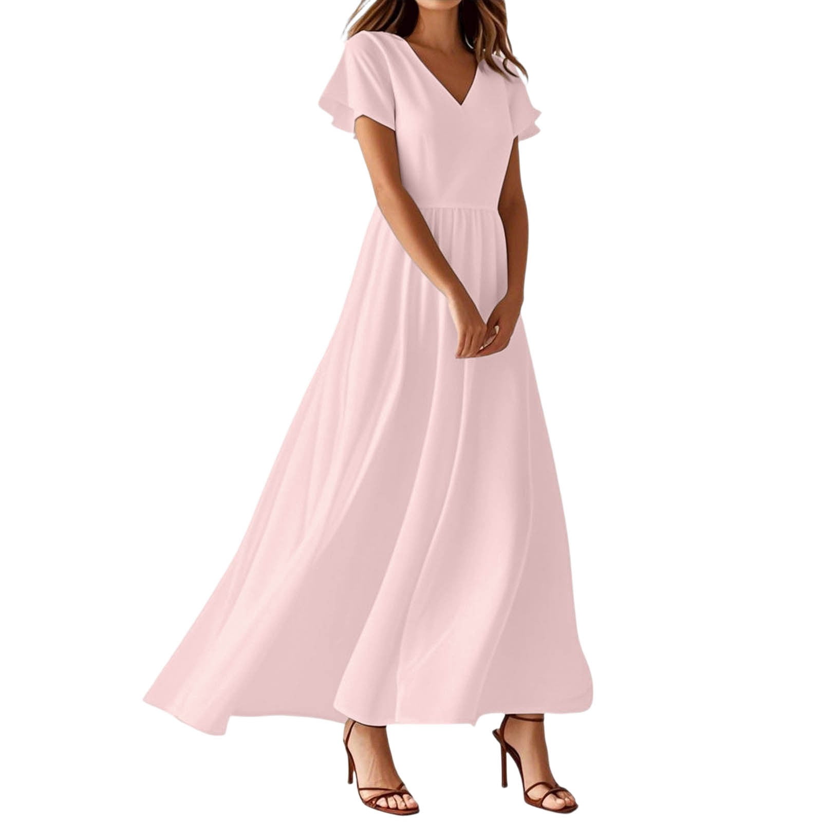 SONXAHE Women's Ruffle Sleeve Maxi Dress V Neck Evening Floor Length ...