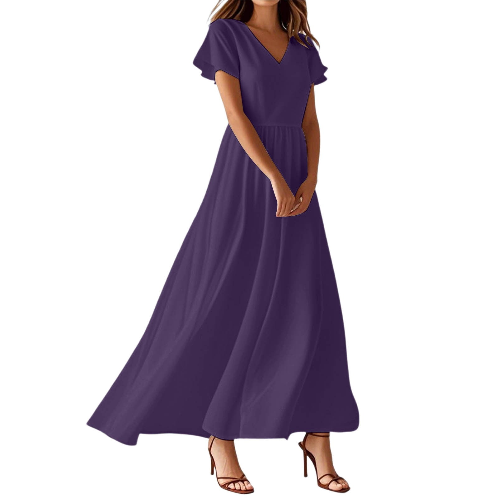 SONXAHE Women's Ruffle Sleeve Maxi Dress V Neck Evening Floor Length ...