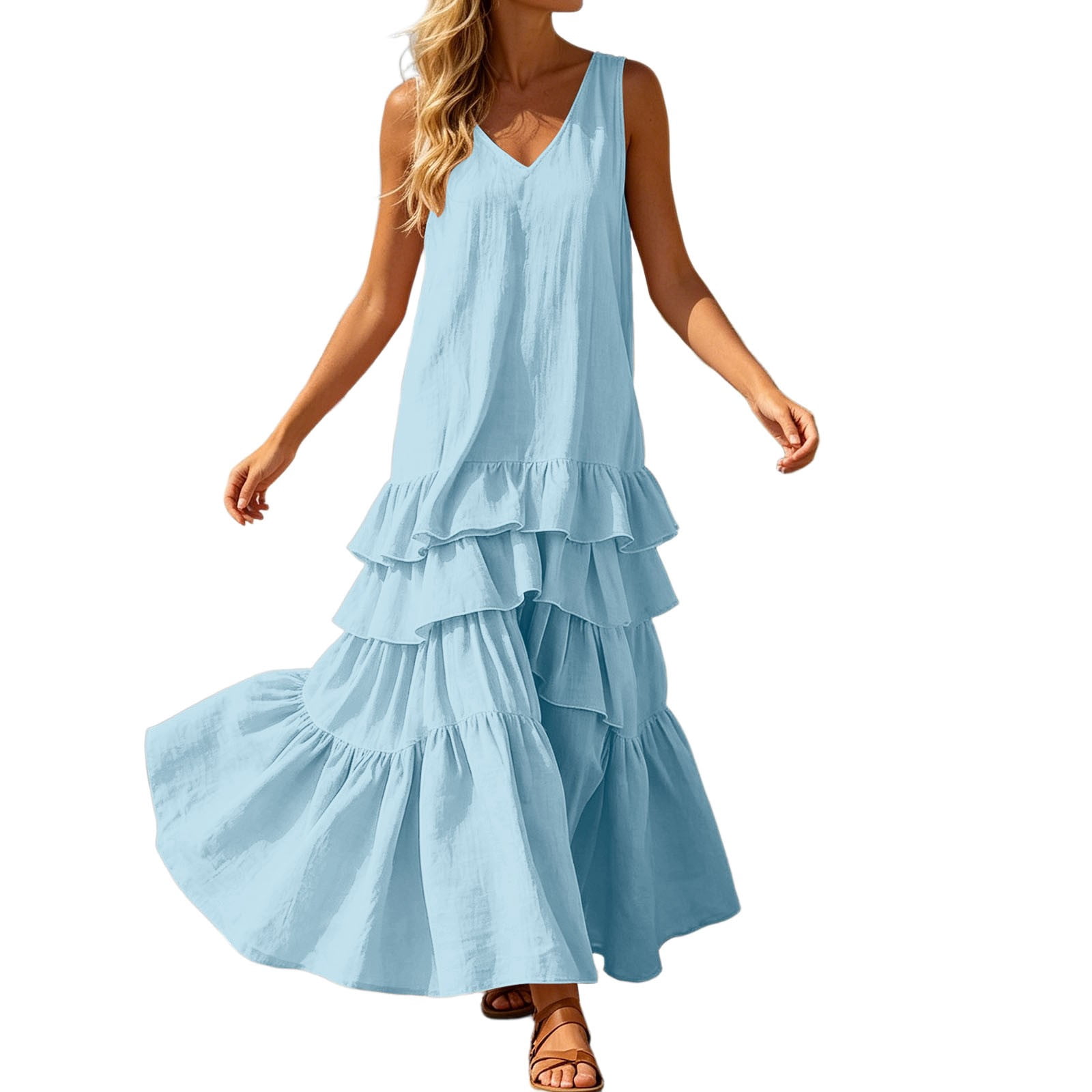 SONXAHE Women's Tiered Ruffle Maxi Dress Sleeveless V Neck Beach Casual ...