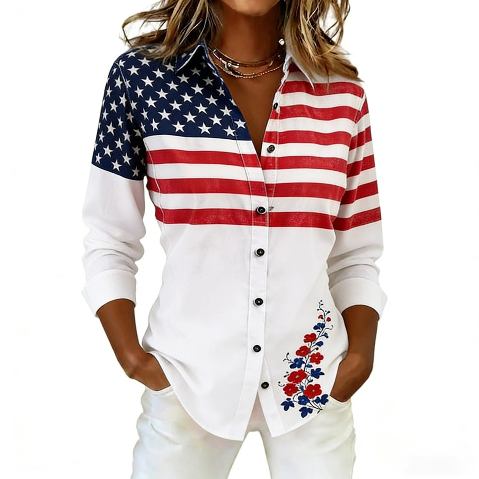 SONXAHE Women's Vintage Patriotic Button Up Shirt Long Sleeve Holiday ...