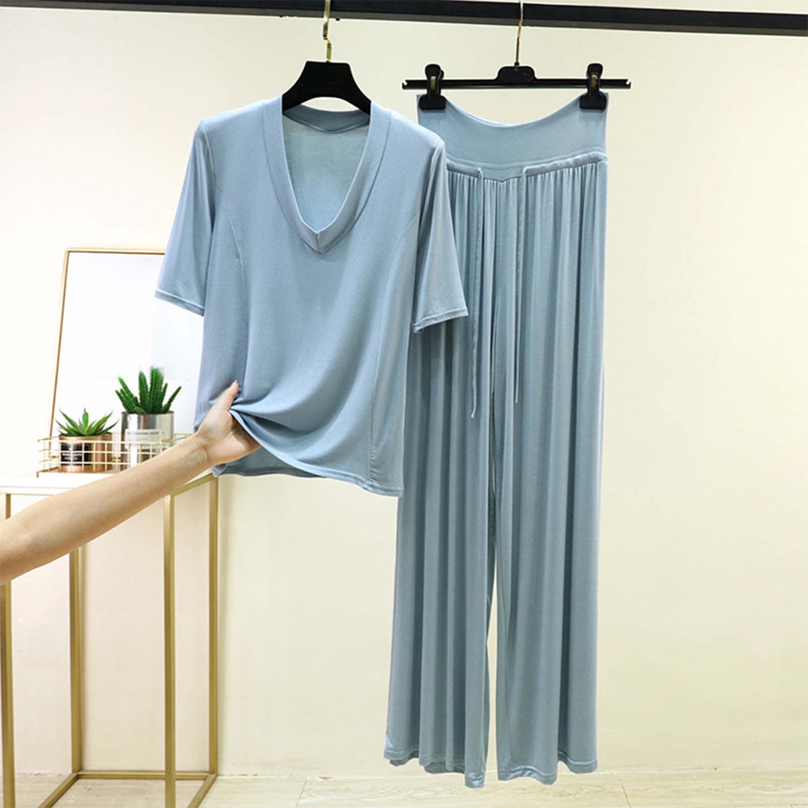 SOOMLON 2 Piece Pajama Set Women Plus Size Short Sleeve Tees High ...