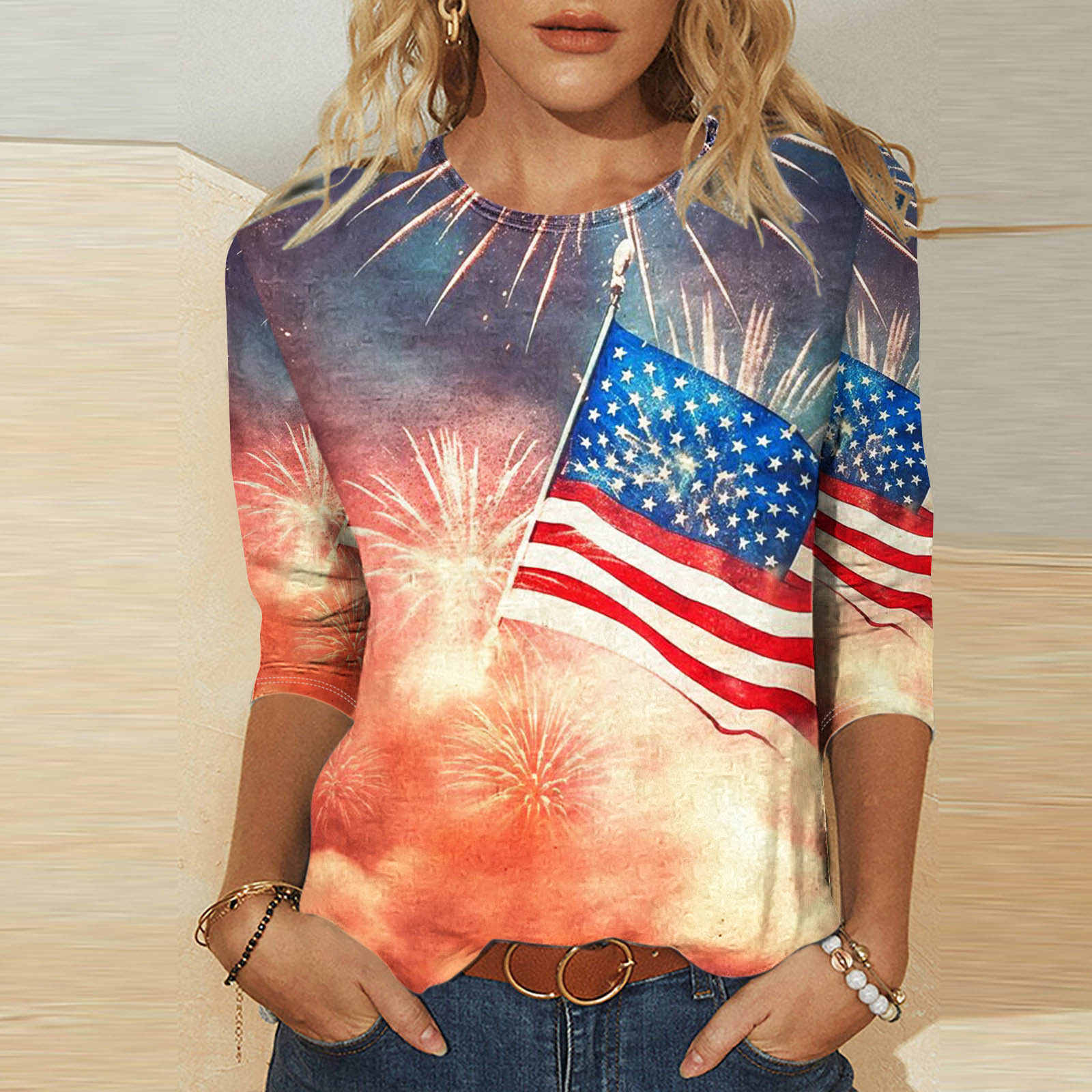 SOOMLON 4th of July Womens Blouses Independence Day Shirts Crew Neck American Flag Tops 3/4 ...