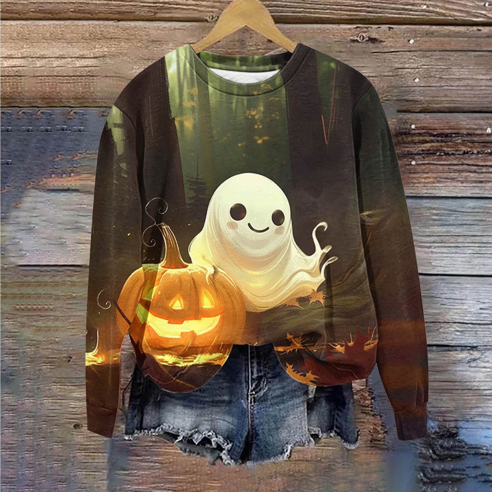 SOOMLON Adult Halloween Sweatshirts Women Long Sleeve Ghost Pumpkin ...
