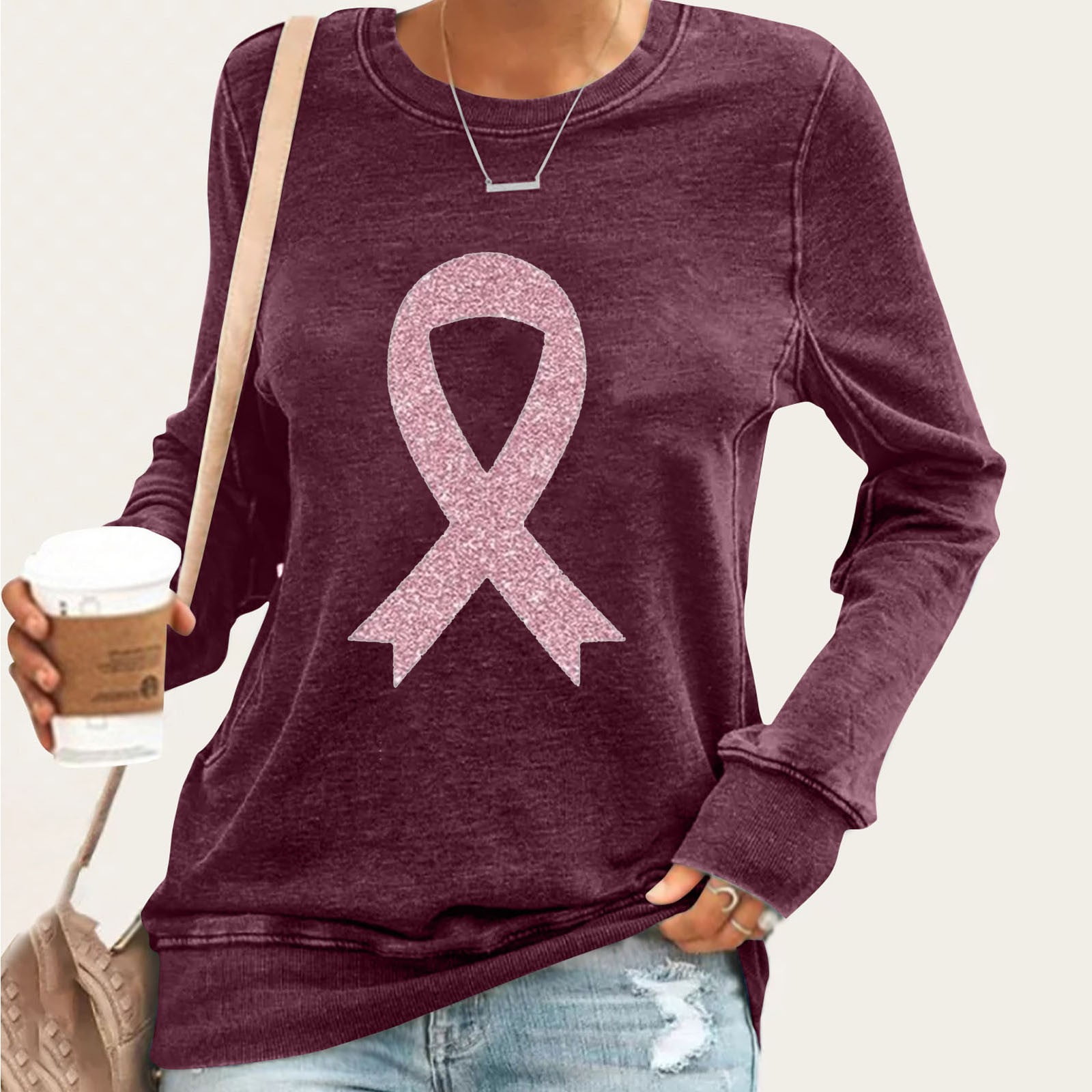 SOOMLON Breast Cancer Clothes for Women Long Sleeve Ribbon Party Attire ...