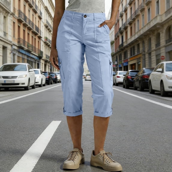 SOOMLON Capri Cargo Pants Womens Plus Size Button Work Pants Stretch ...