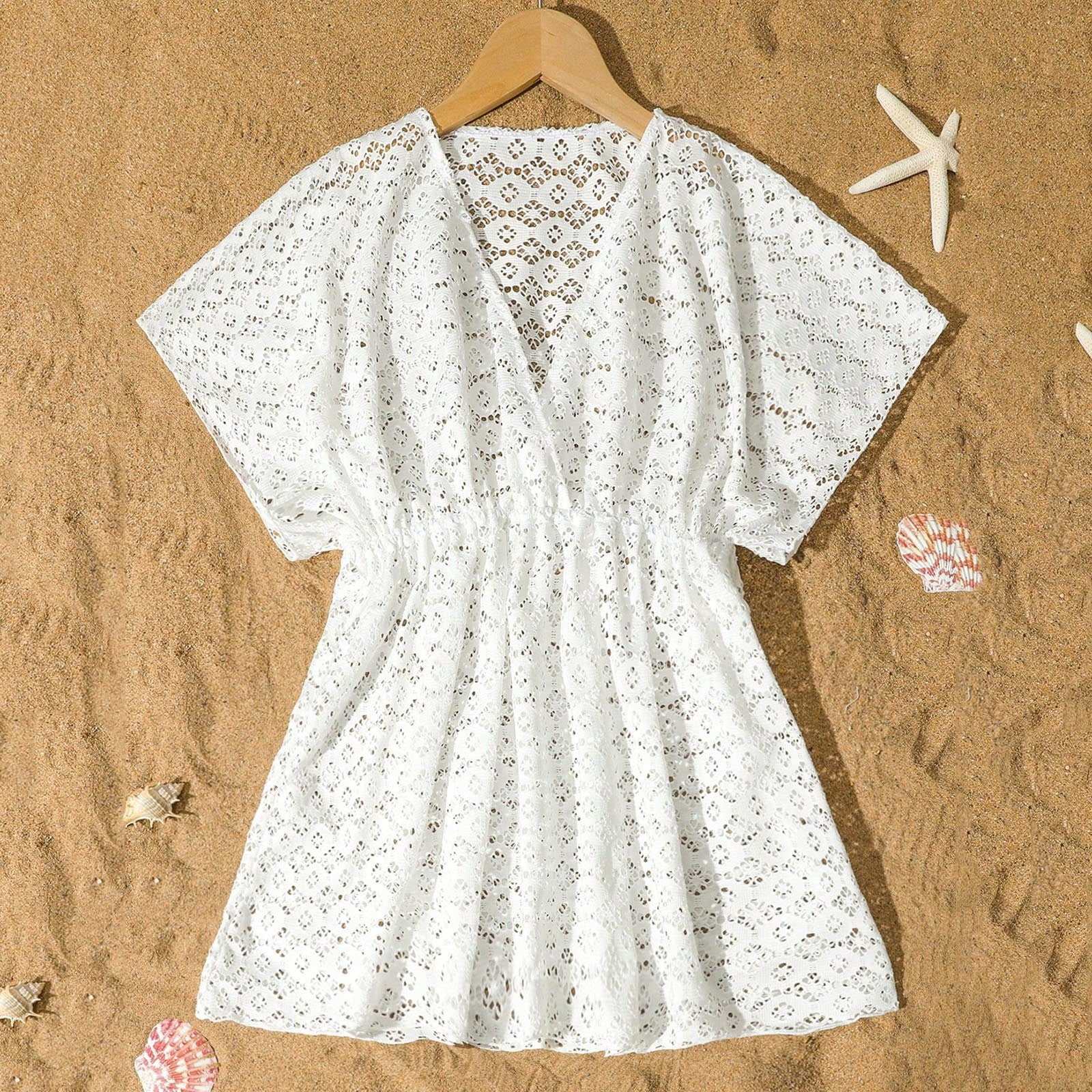 SOOMLON Cover up Girl Swim Short Sleeve Drawstring Mini Dress Sheer UV ...