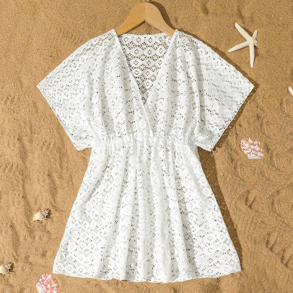 SOOMLON Cover up Girl Swim Short Sleeve Drawstring Mini Dress Sheer UV ...