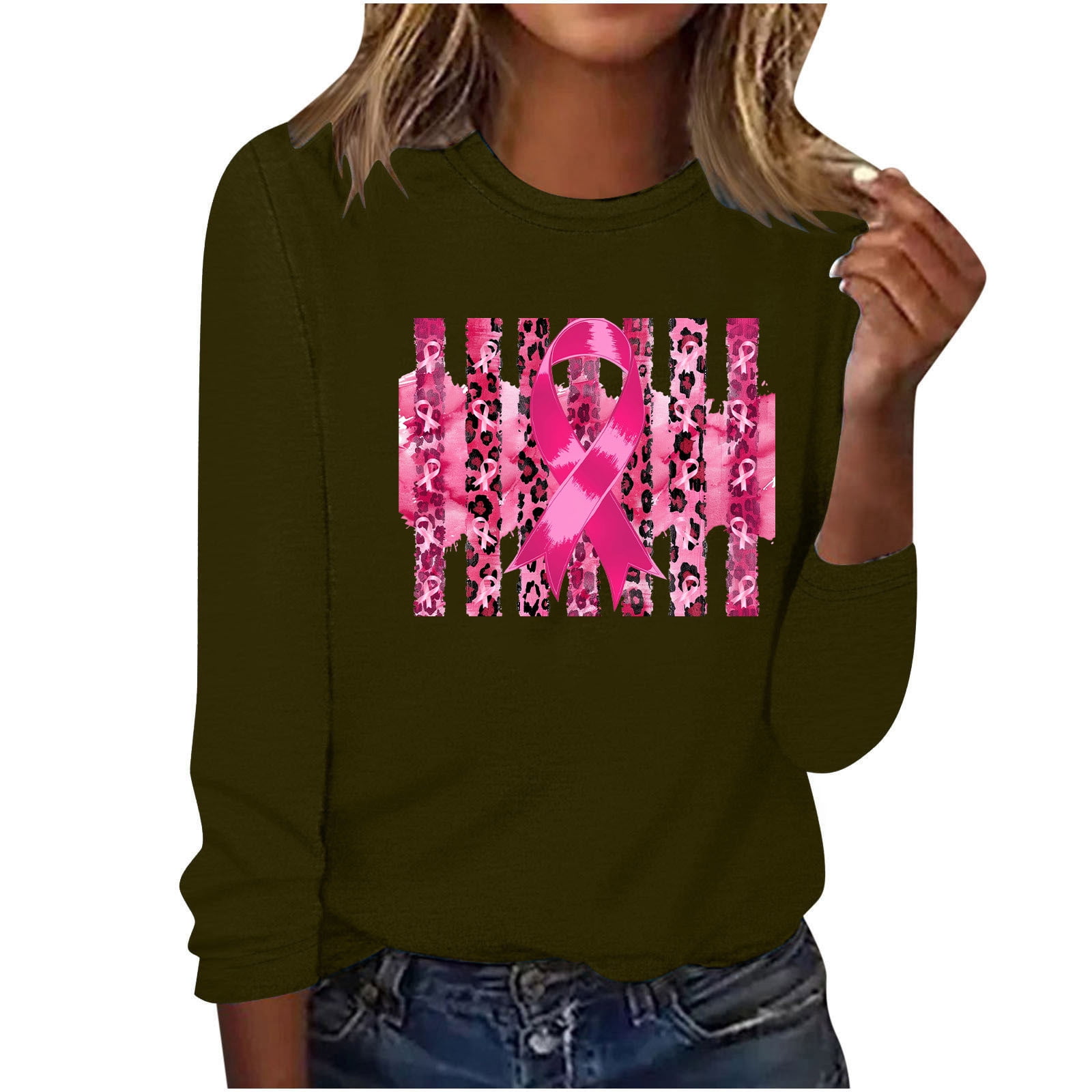 SOOMLON Cute Breast Cancer Shirts for Women Long Sleeve Ribbon Apparel ...