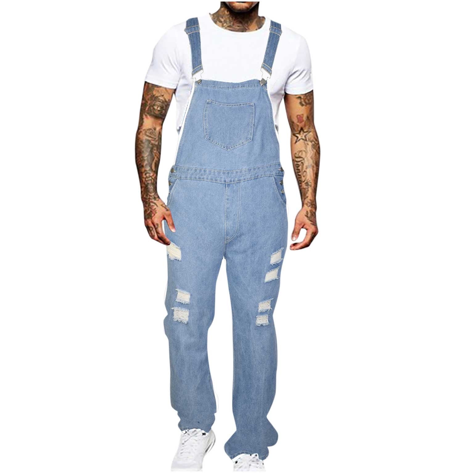 Soomlon Denim Overalls For Men Overalls Denim Bib Overalls Pocket Bohemian Pants Washed Ripped