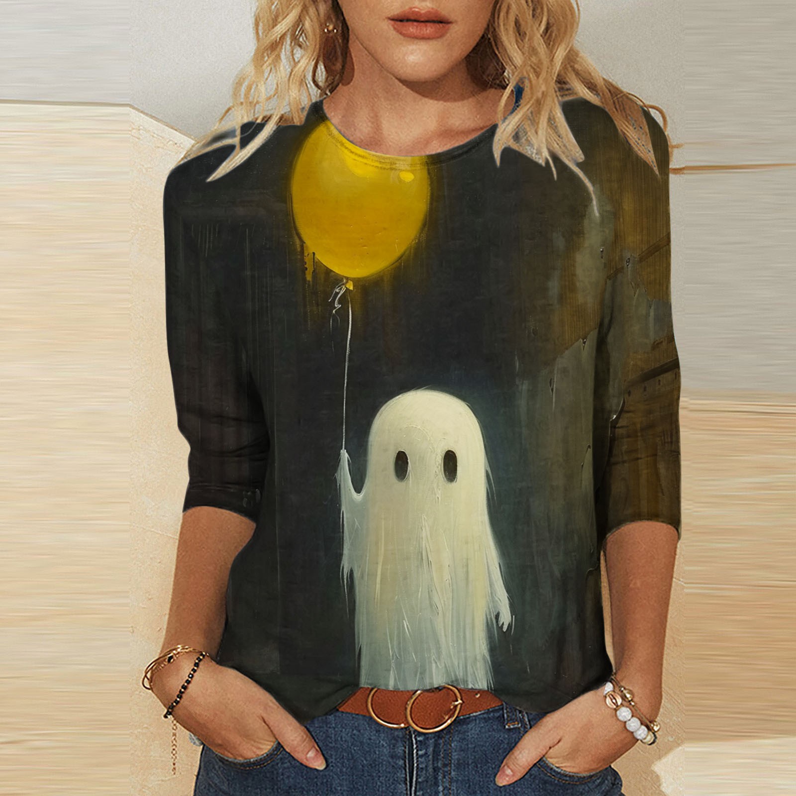 SOOMLON Halloween 3/4 Sleeve Shirts Women Plus Size 3/4 Sleeve Ghost ...