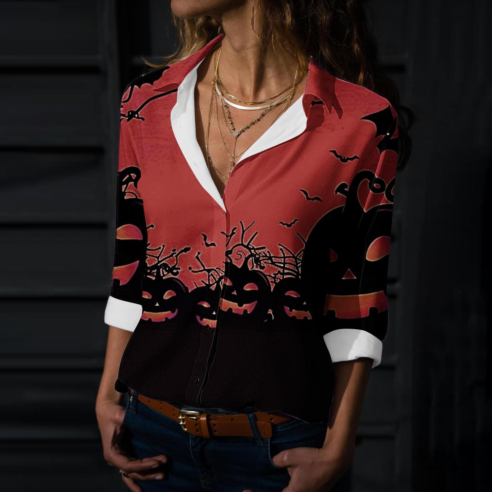 SOOMLON Halloween Button up Clothes for Women Plus Size Long Sleeve ...