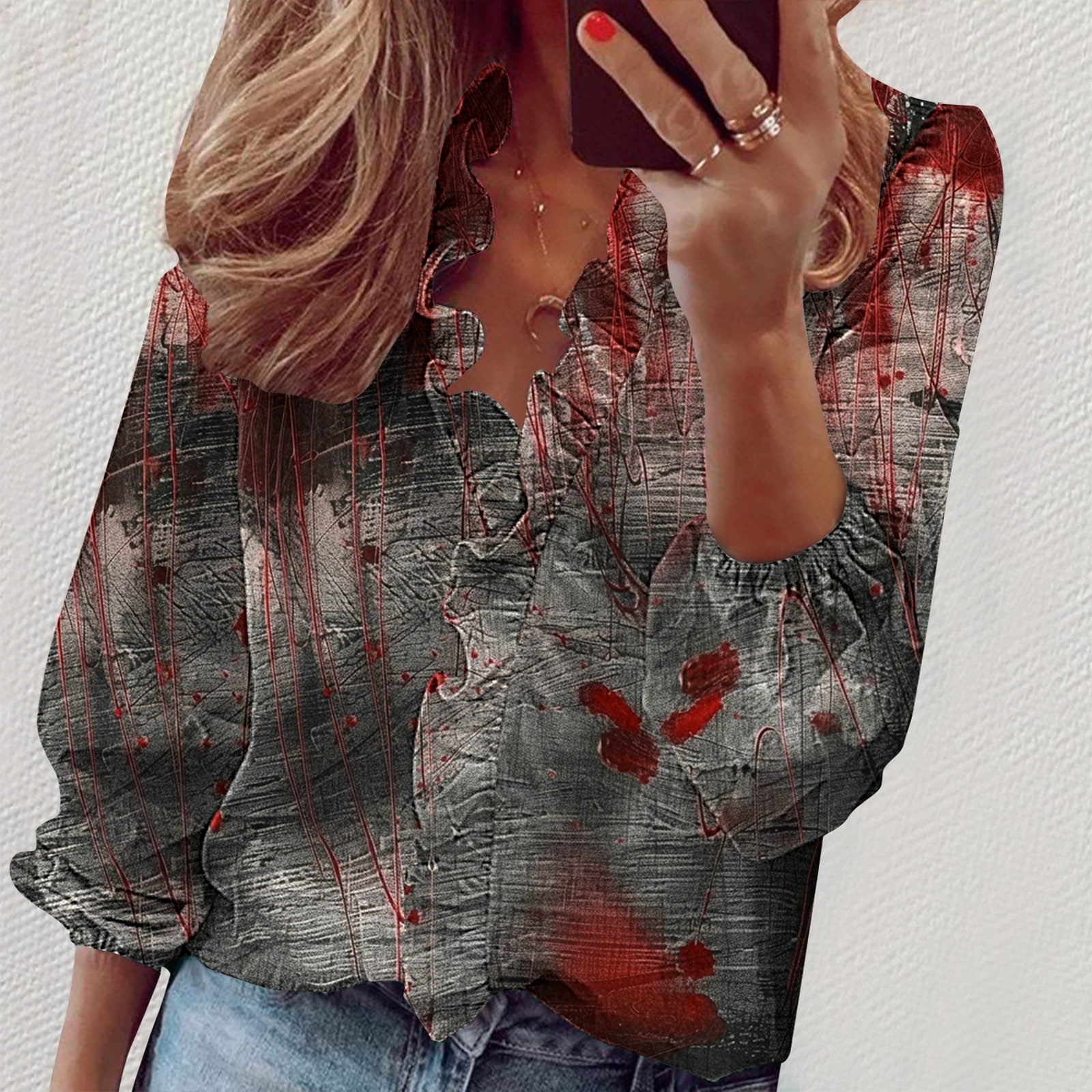 SOOMLON Halloween Button up Tops for Women Plus Size Long Sleeve Pumpkin Apparel V Neck Hand ...