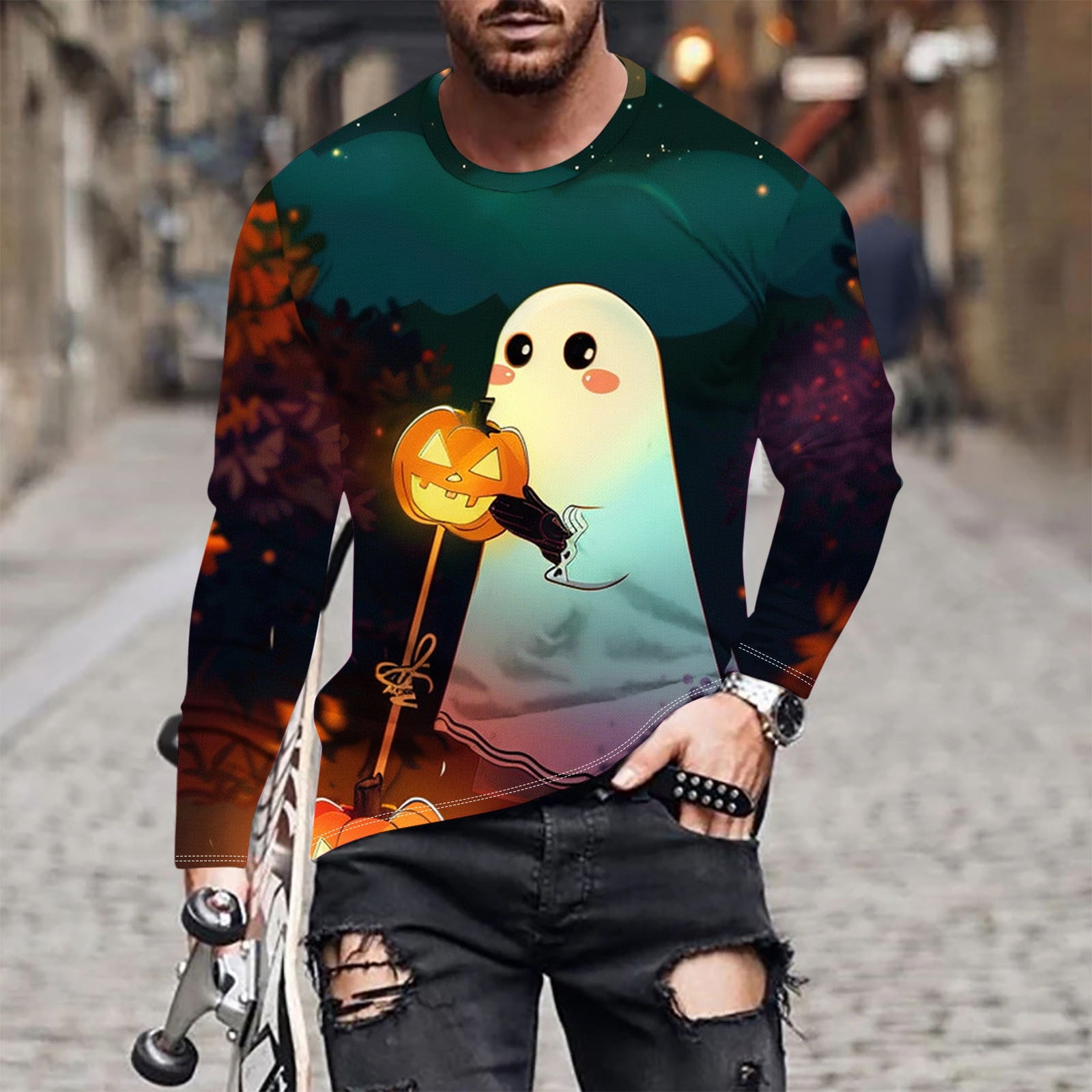 SOOMLON Halloween Clothes for Men Plus Size Long Sleeve Ghost Pumpkin ...