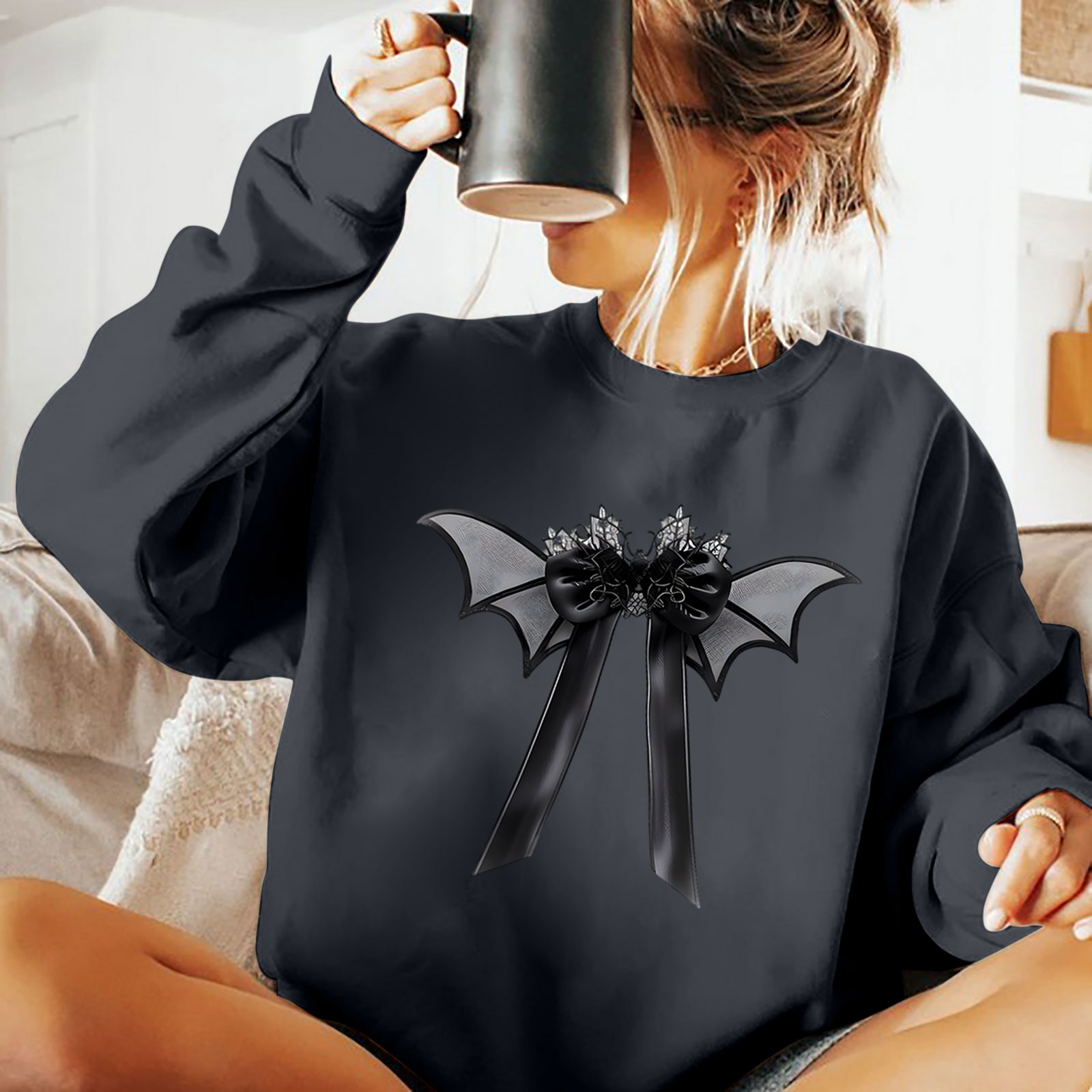 SOOMLON Halloween Clothes for Women Long Sleeve Pumpkin Outfits Crewneck Hand Prints Bats Party ...