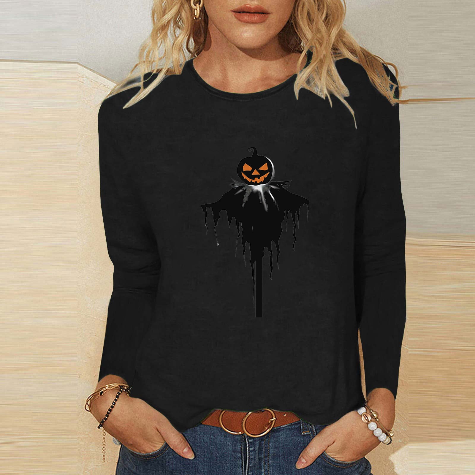 SOOMLON Halloween Clothes for Women Plus Size Long Sleeve Pumpkin Party Attire Crewneck Hand ...