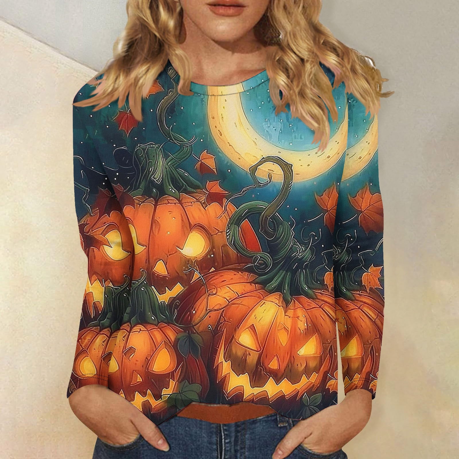 SOOMLON Halloween Clothes for Women Plus Size Long Sleeve Pumpkin ...