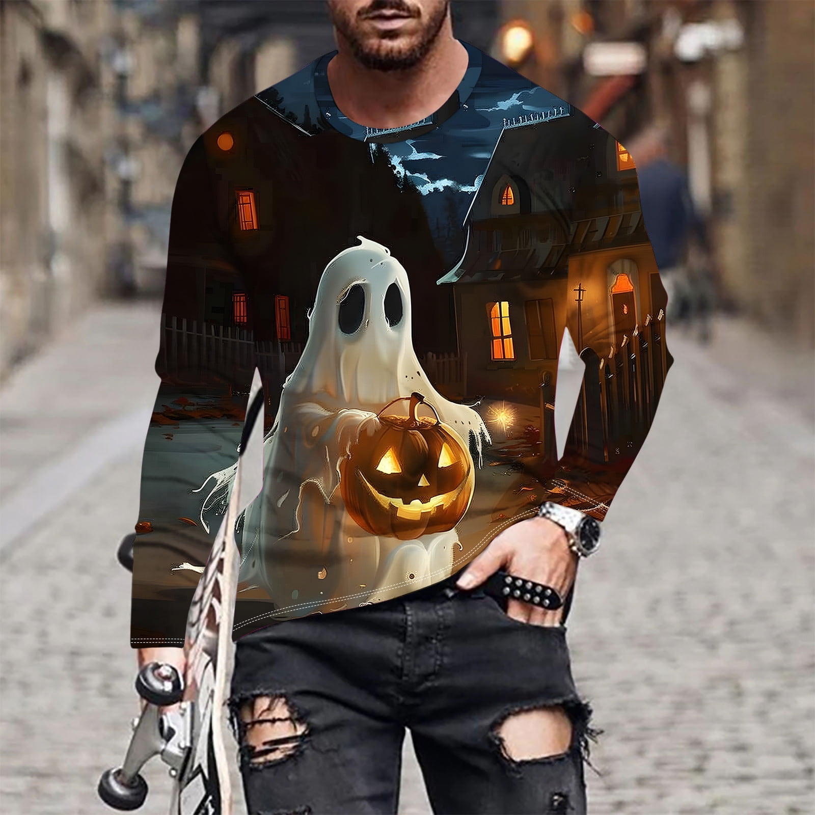 SOOMLON Halloween Shirts for Men Plus Size Long Sleeve Ghost Pumpkin ...