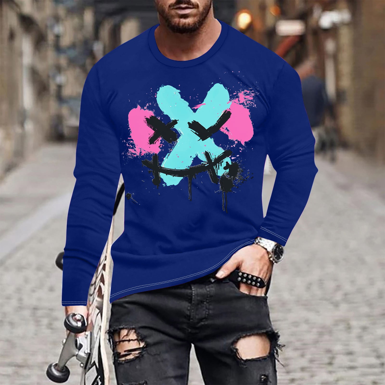 SOOMLON Halloween Shirts Men Plus Size Long Sleeve Pumpkin Apparel Crewneck Hand Prints Bats ...