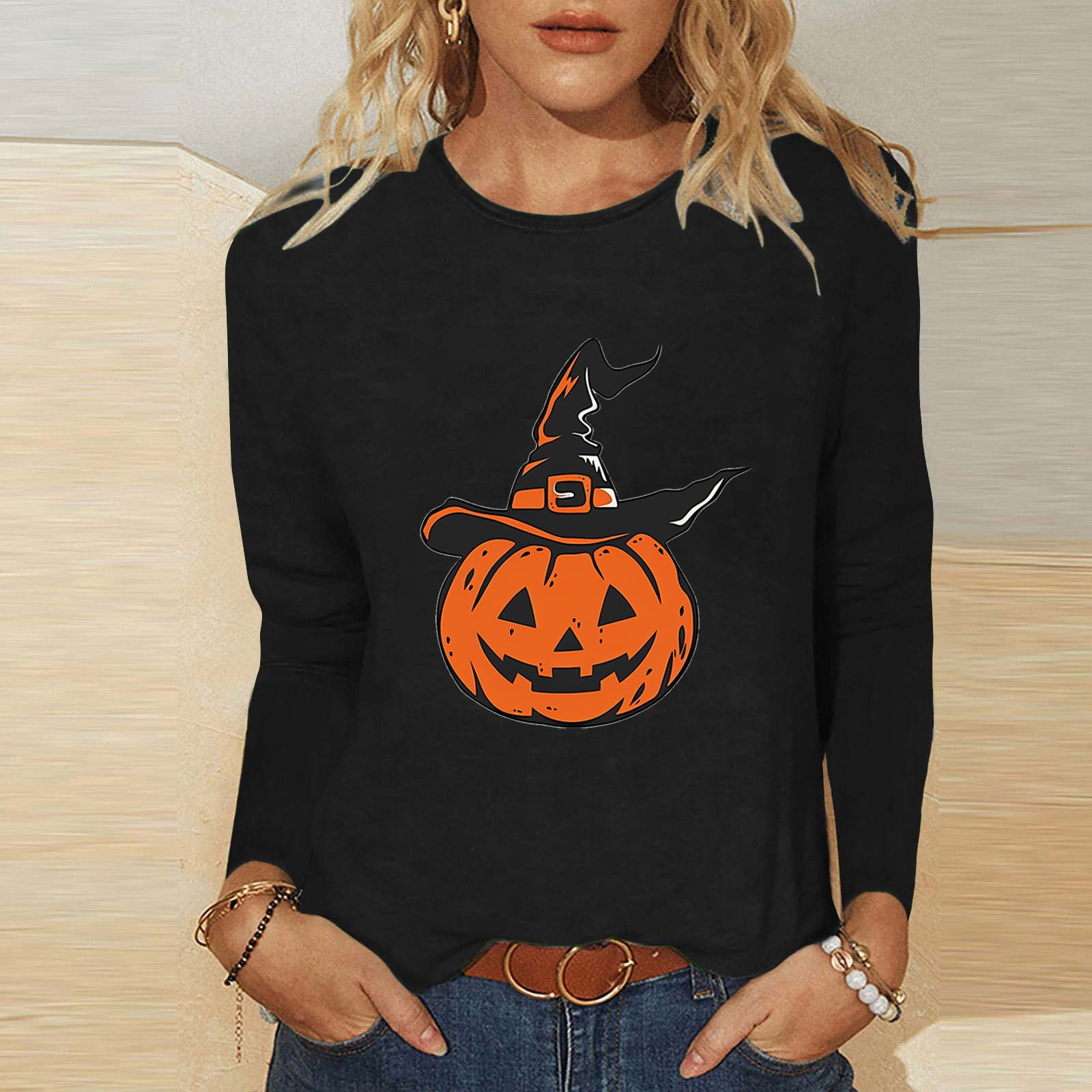 SOOMLON Halloween Shirts Women Plus Size Long Sleeve Witch Hat Pumpkin ...