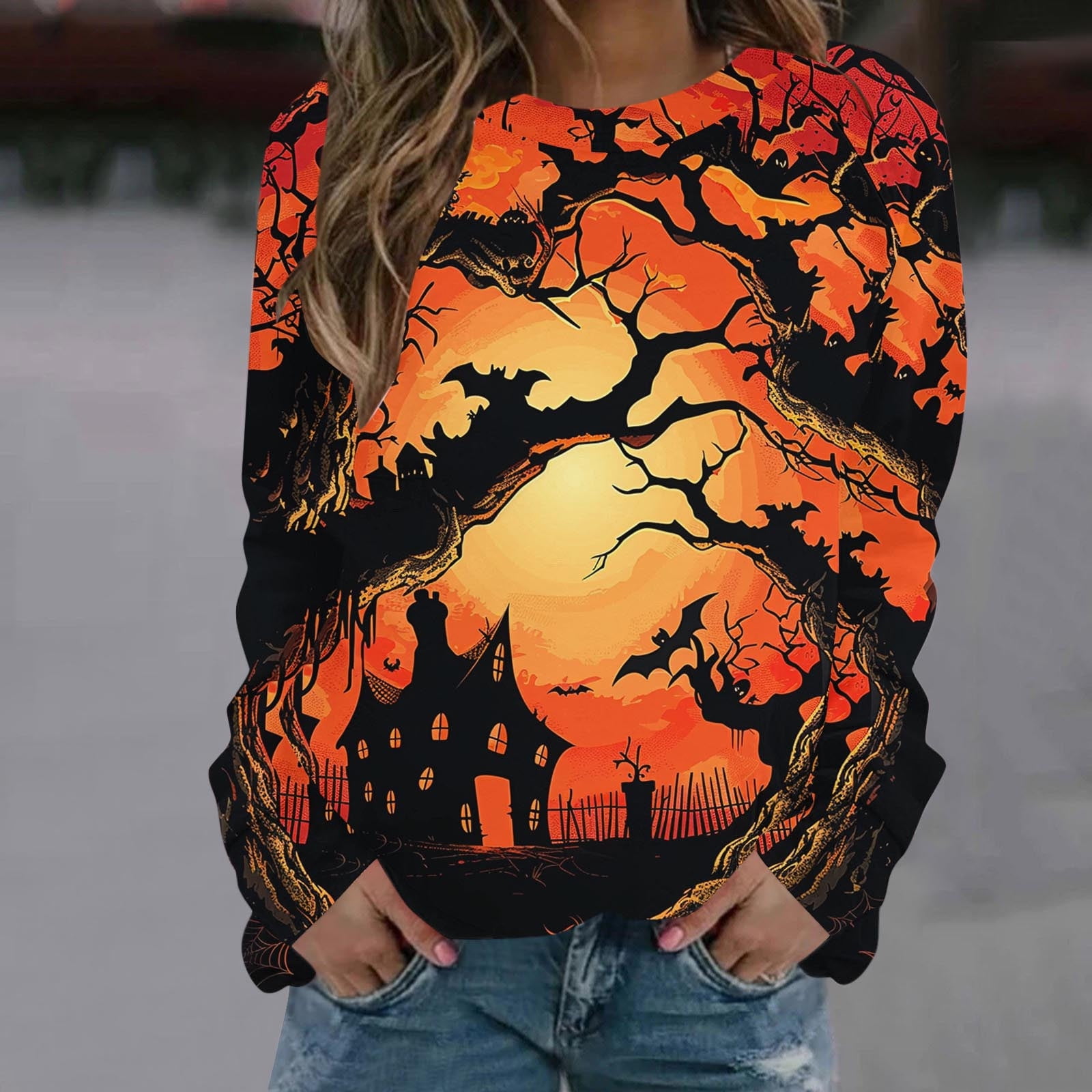 SOOMLON Halloween Sweatshirts Tops for Women Plus Size Long Sleeve Bats ...