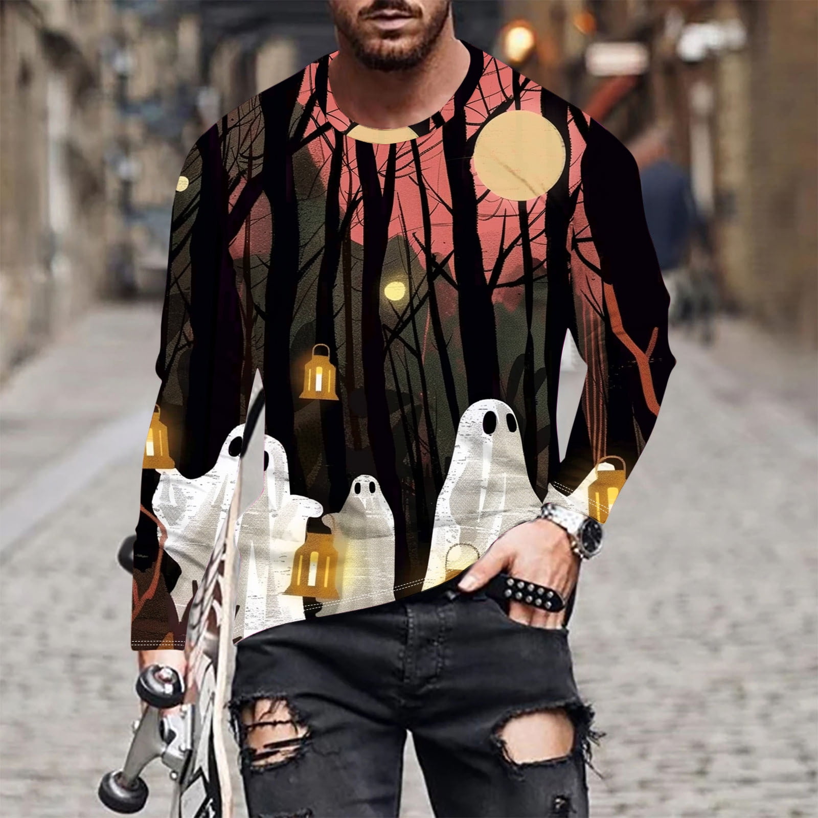 SOOMLON Halloween Tops for Men Plus Size Long Sleeve Ghost Pumpkin ...