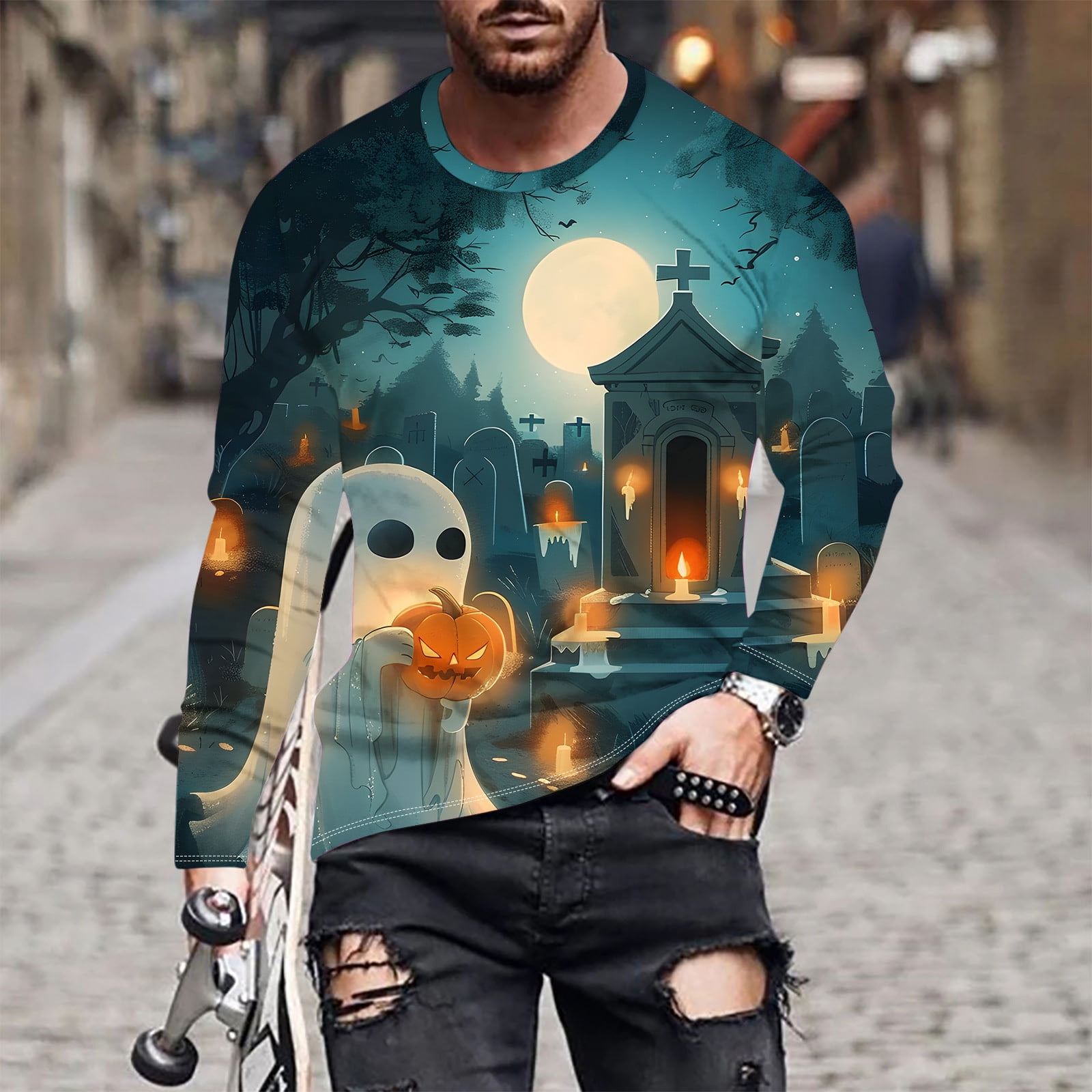 SOOMLON Mens Halloween Shirts Plus Size Long Sleeve Ghost Pumpkin ...
