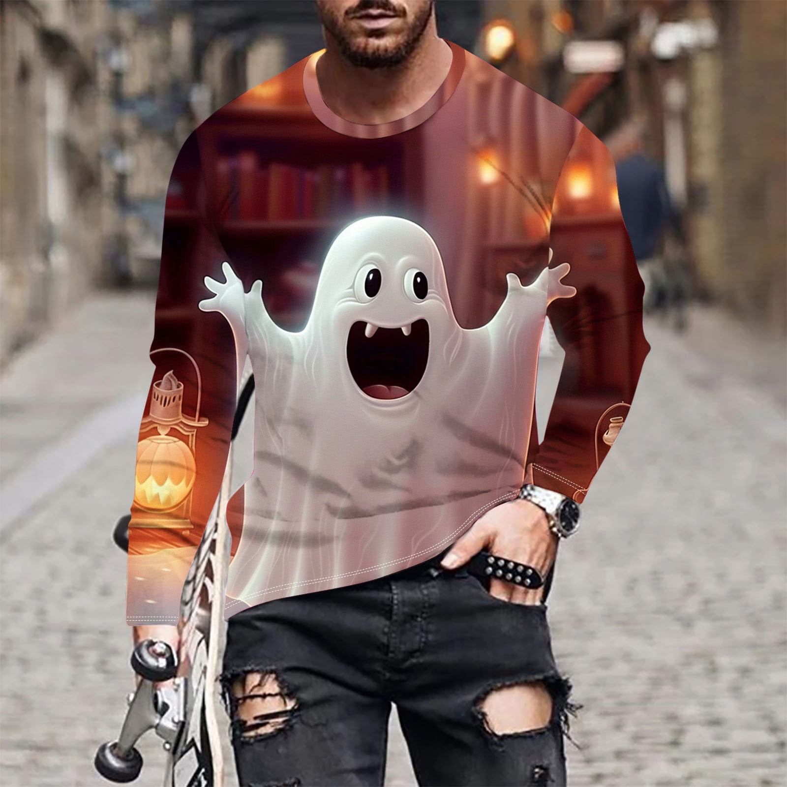 SOOMLON Mens Halloween Shirts Plus Size Long Sleeve Ghost Pumpkin ...