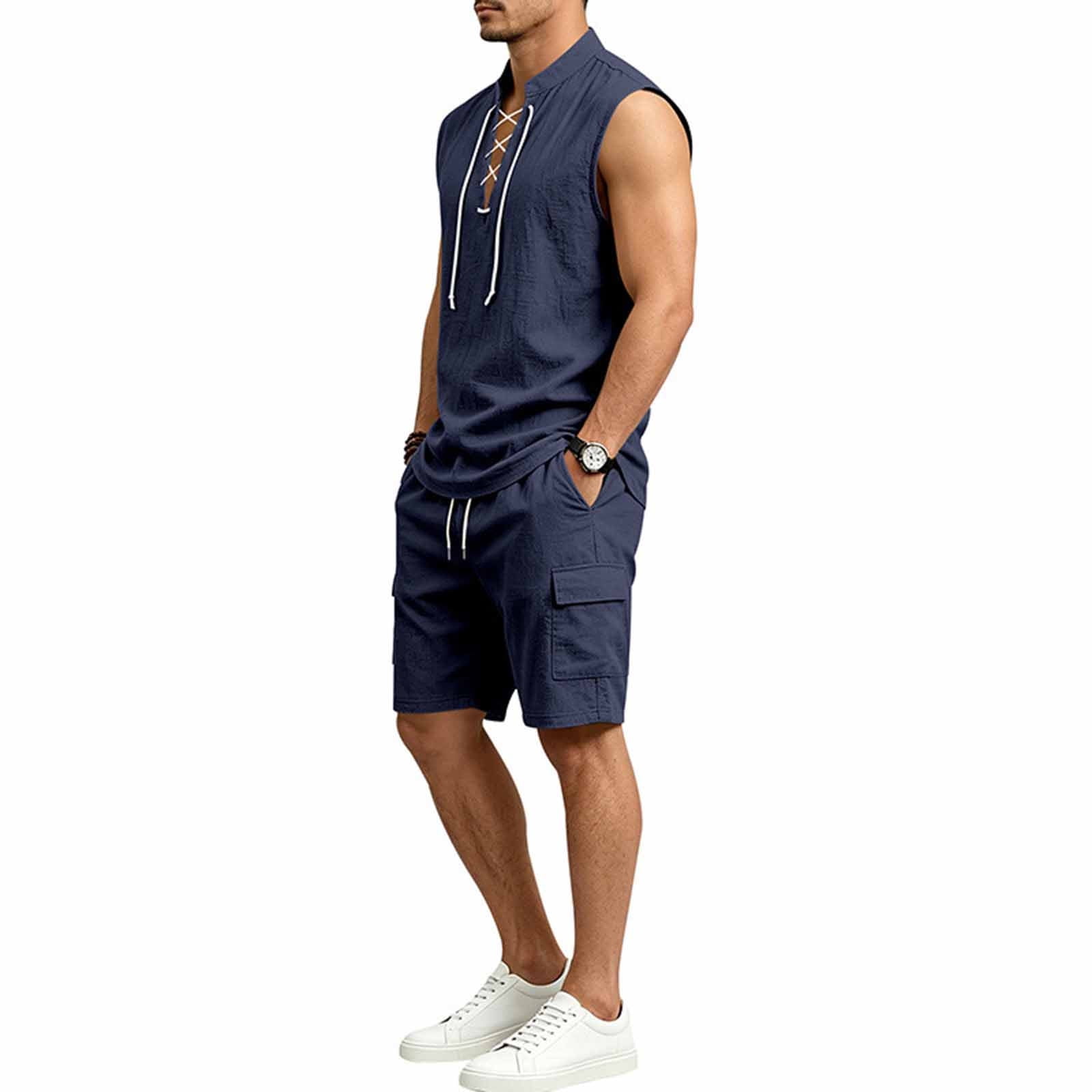 SOOMLON Mens Linen Outfit Big and Tall Henley Sleeveless Top Drawstring ...