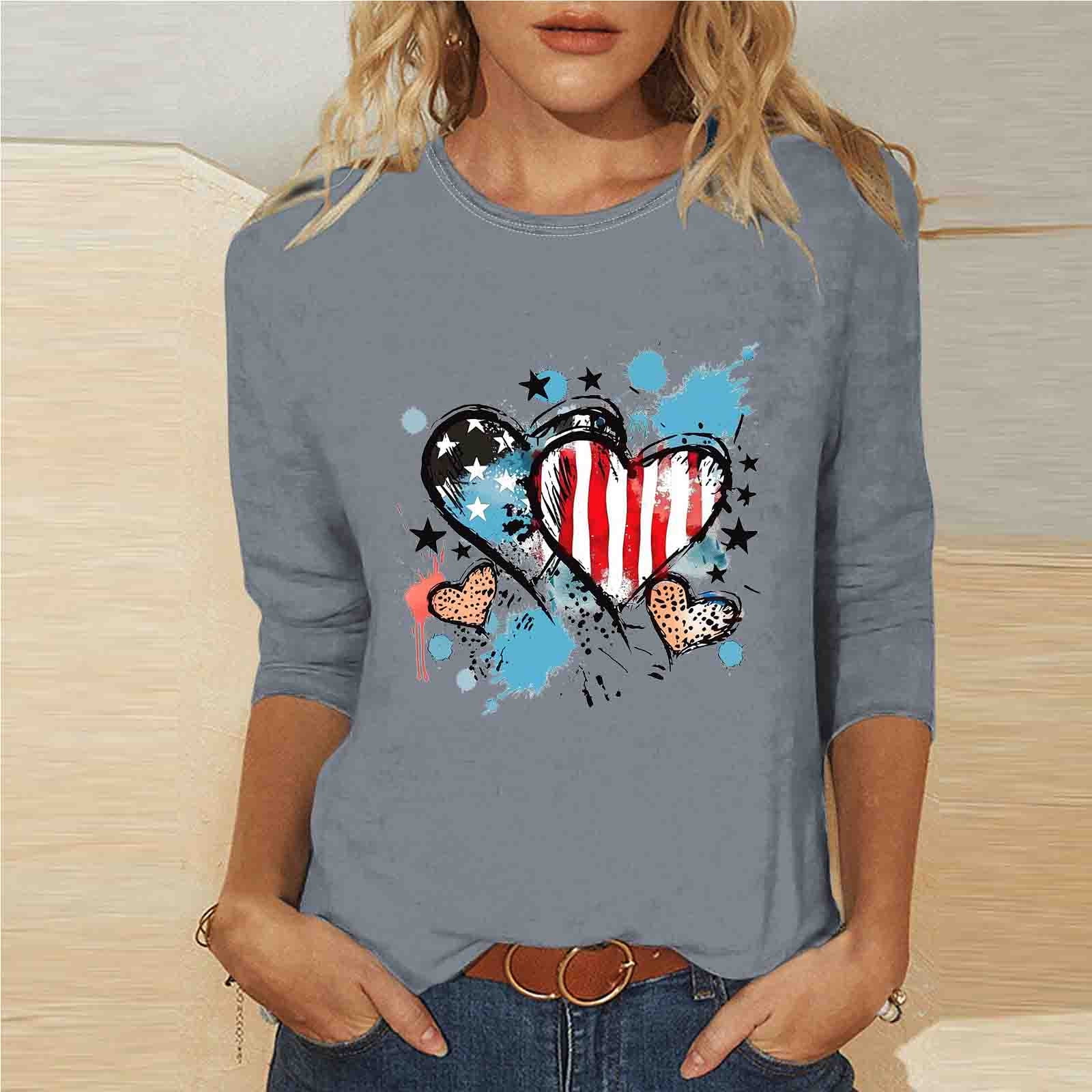 SOOMLON Red White and Blue Basic Tees for Women Heart Distressed ...