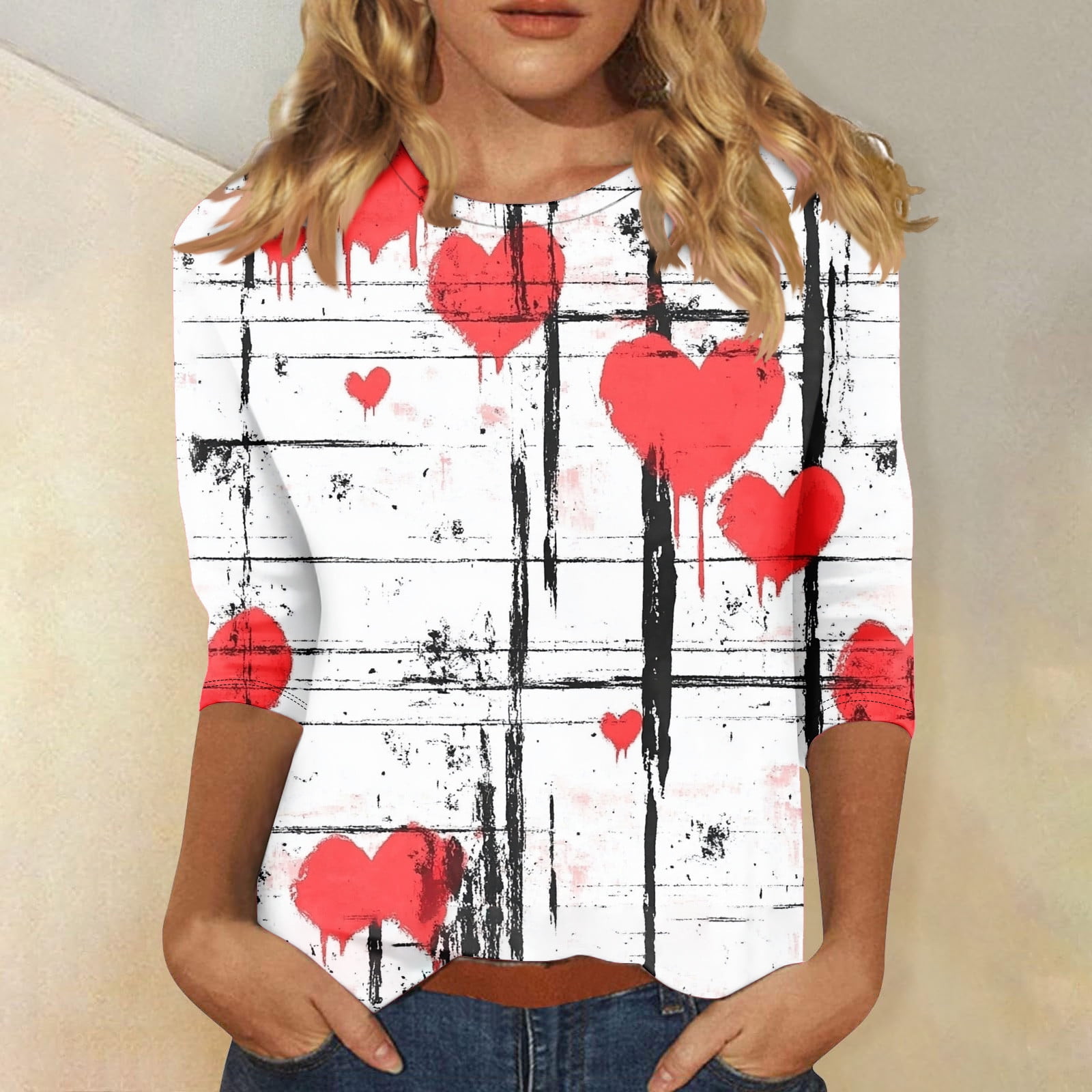 SOOMLON Valentines Day Shirts Women Couple Valentines Gift Plus Size Loose 3/4 Sleeve Crew Neck ...