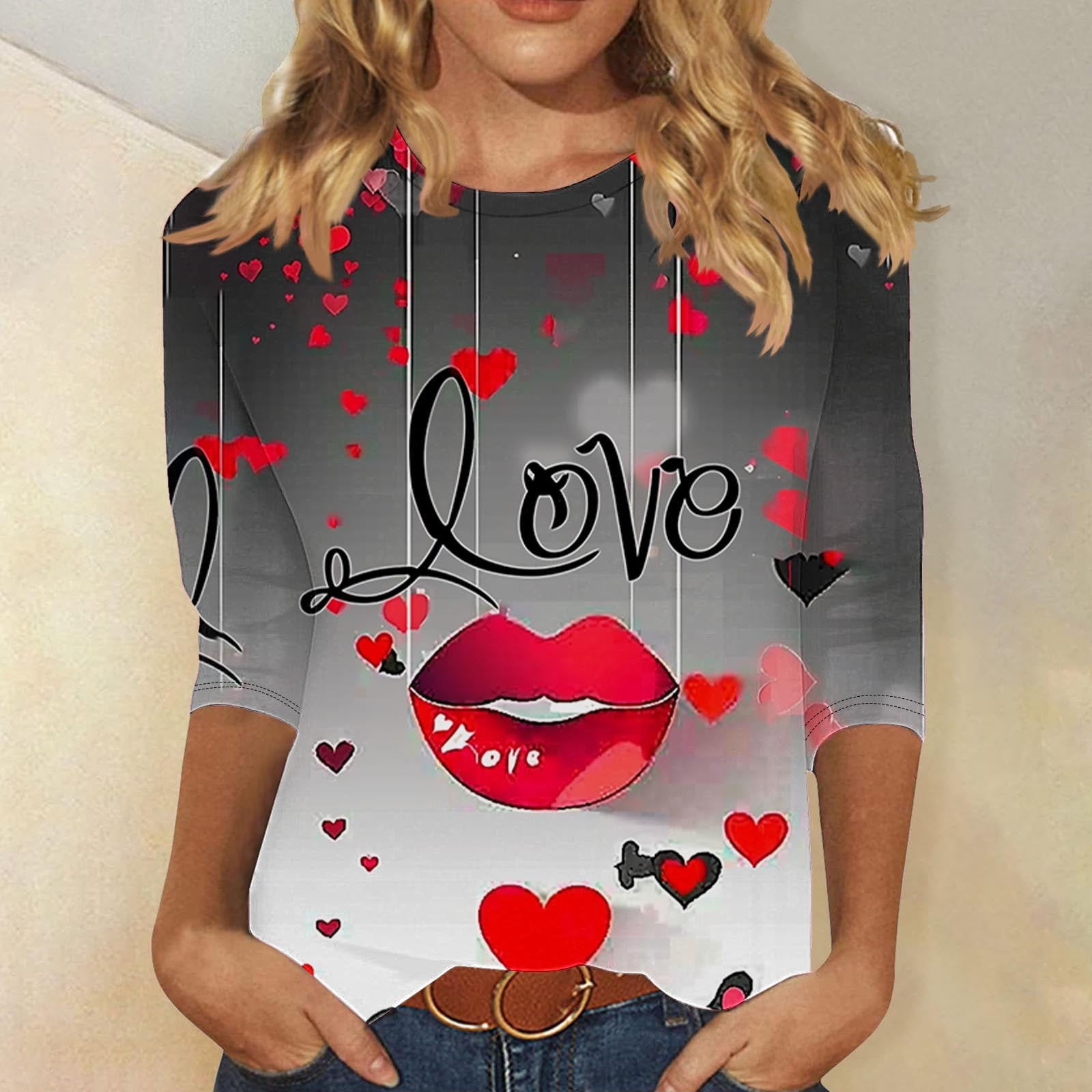 SOOMLON Valentines Day Tee Shirts Women Lover Valentines Gift Casual 3/4 Sleeve Crewneck Shirts ...