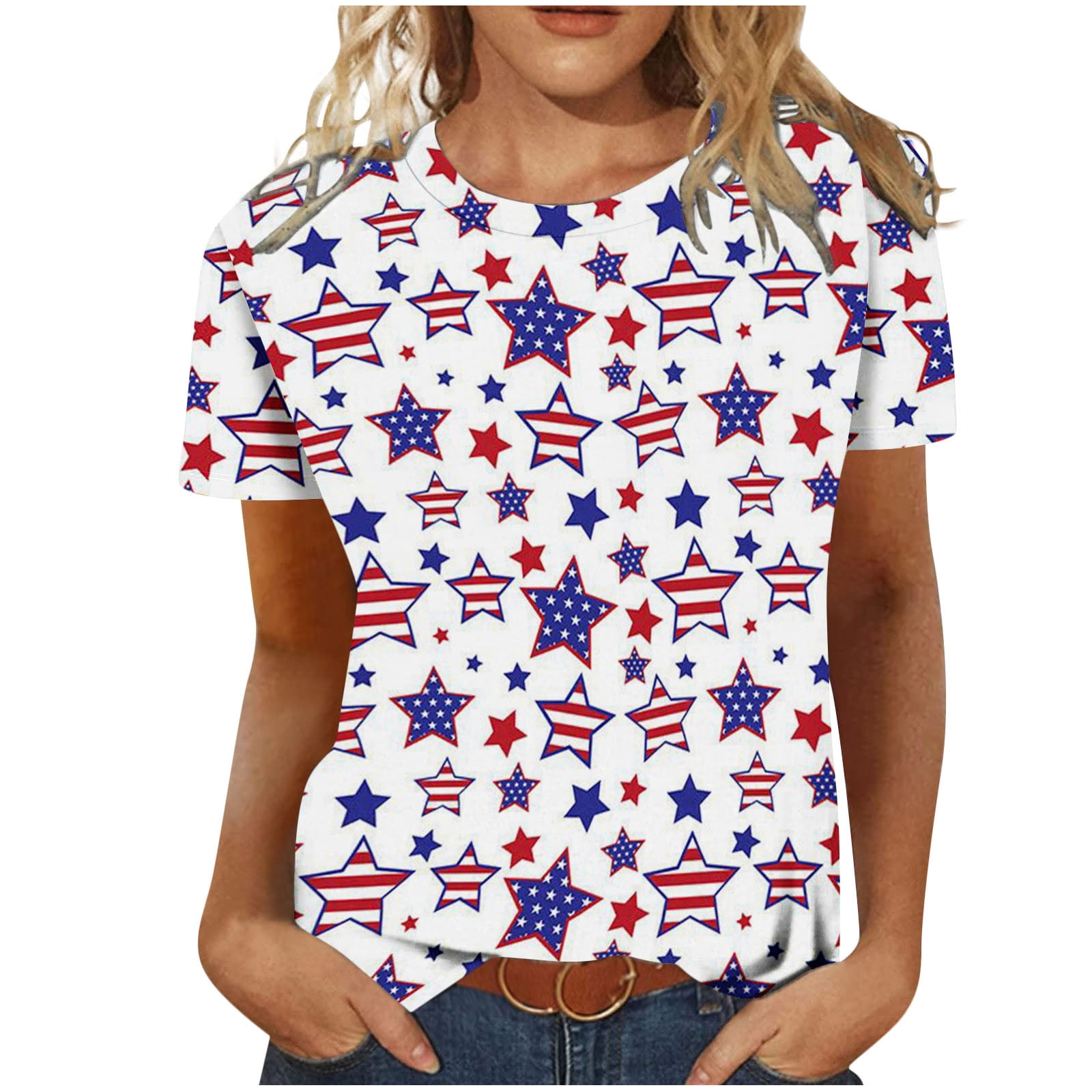SOOMLON Women Funny 4th Of July Independence Day T-Shirt Flag Print Fit Basic Tees Round Neck ...