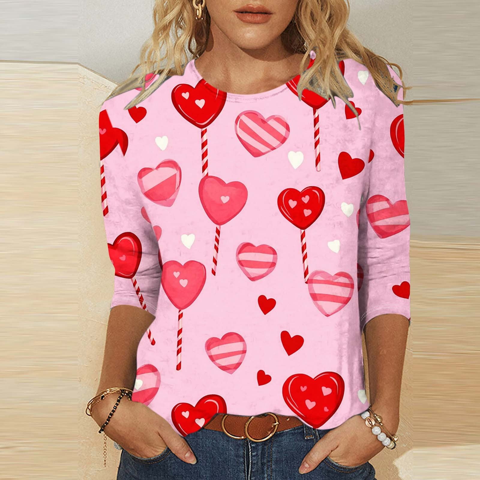 SOOMLON Women Valentine's Day Tops Girl Friend Valentines Gift Plus Size Casual 3/4 Sleeve Crew ...