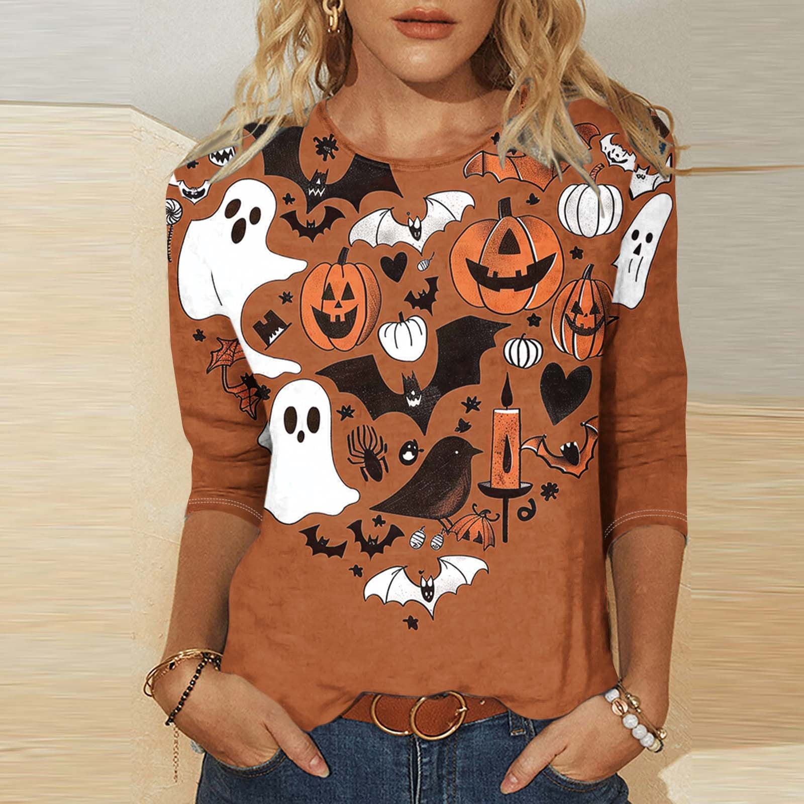 SOOMLON Womens Halloween 3/4 Sleeve Shirts Plus Size 3/4 Sleeve Ghost ...