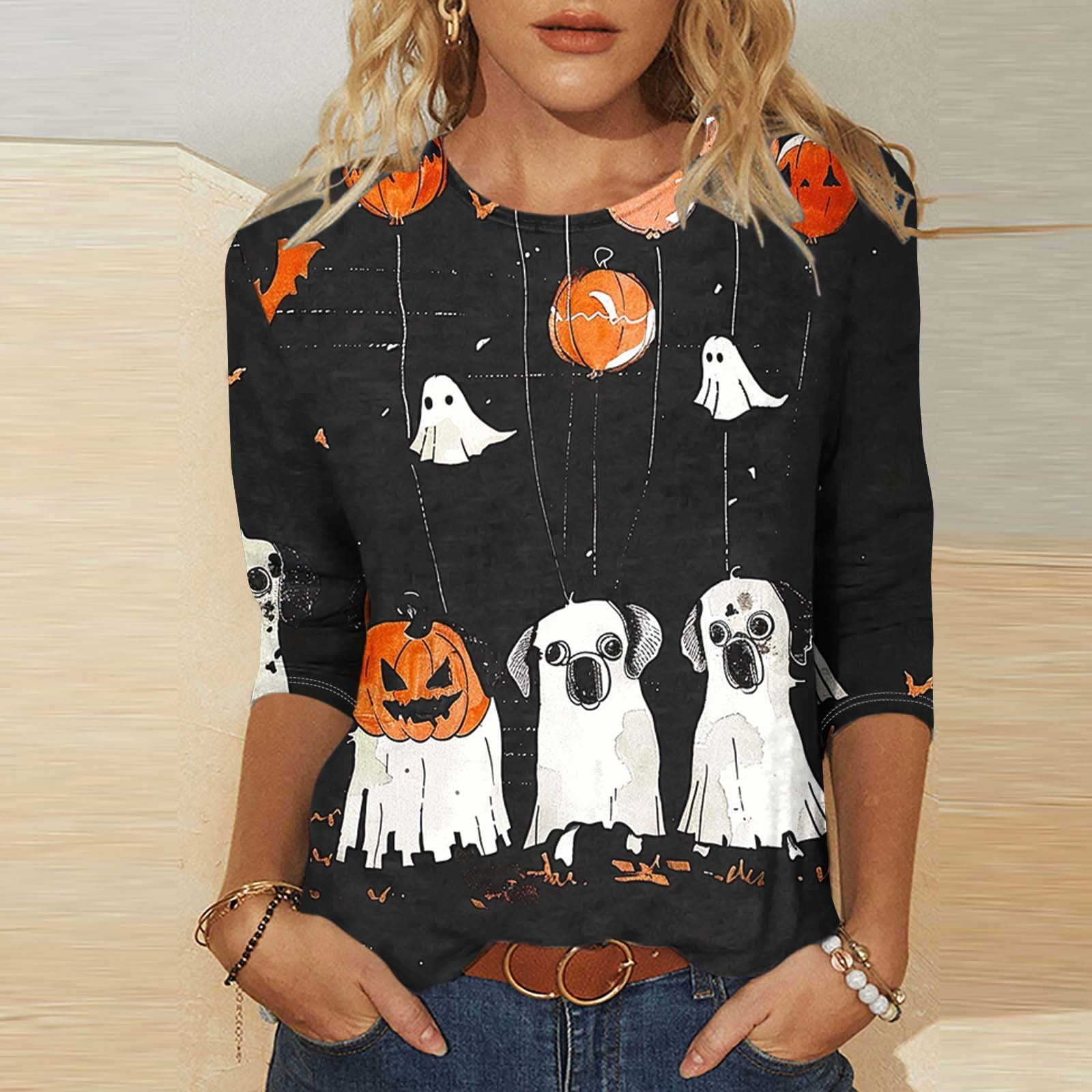 SOOMLON Womens Halloween 3/4 Sleeve Shirts Plus Size 3/4 Sleeve Ghost ...