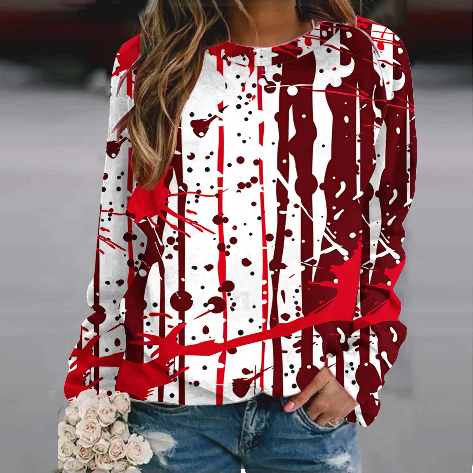 SOOMLON Womens Halloween Shirts Long Sleeve Pumpkin Outfits Crewneck Hand Prints Bats Party ...