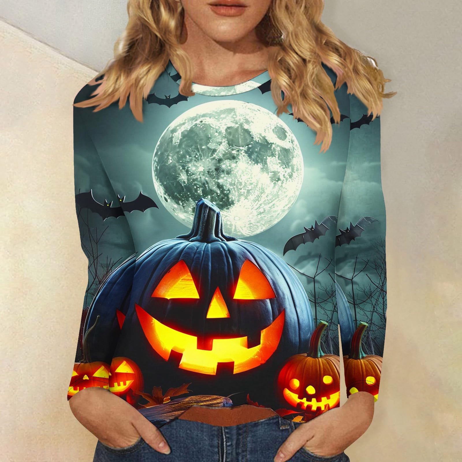SOOMLON Womens Halloween Shirts Plus Size Long Sleeve Pumpkin Party ...