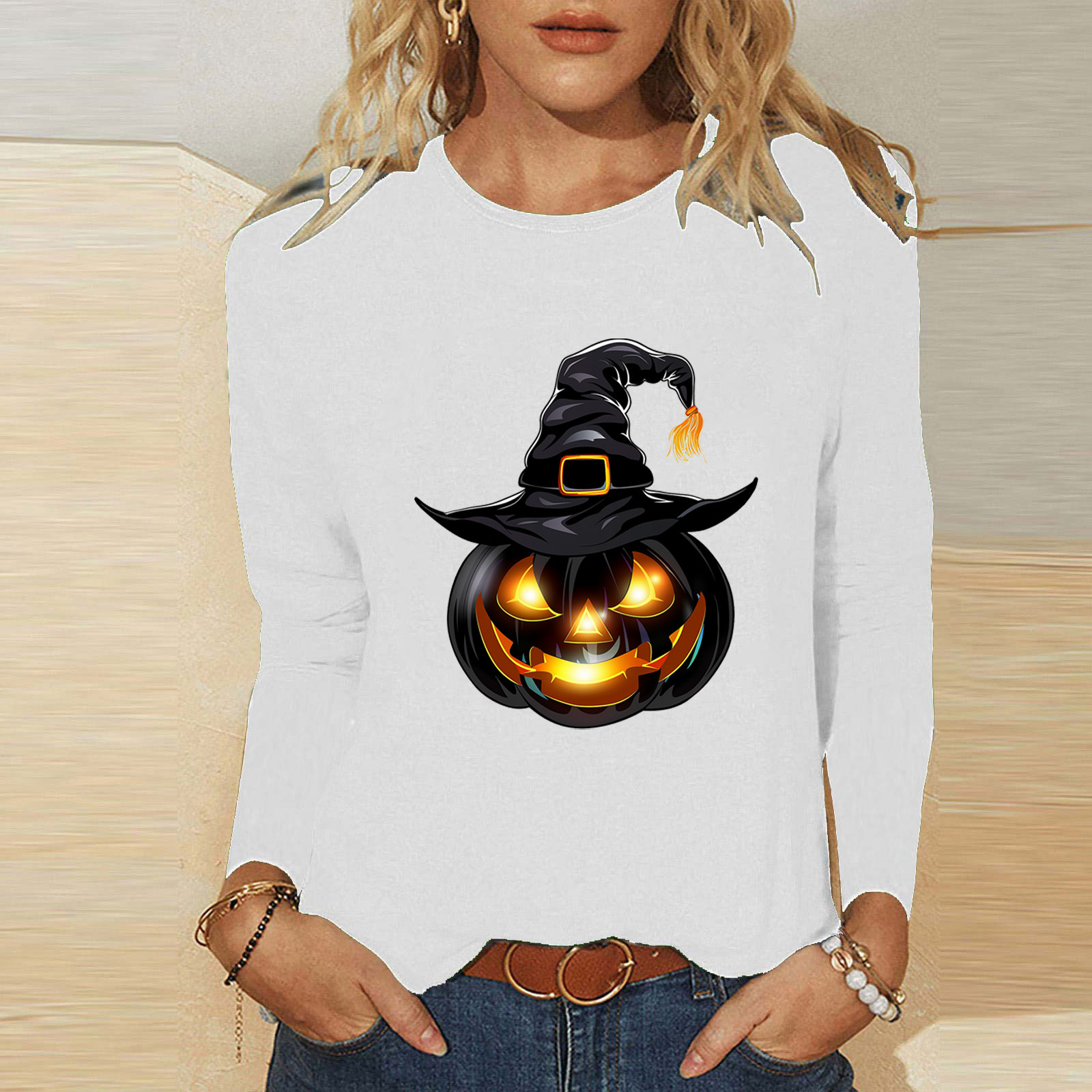 SOOMLON Womens Halloween Shirts Plus Size Long Sleeve Witch Hat Pumpkin ...