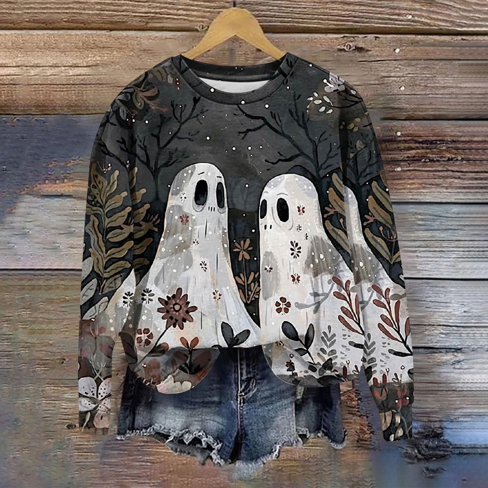 SOOMLON Womens Halloween Sweatshirts Long Sleeve Ghost Pumpkin Outfits ...