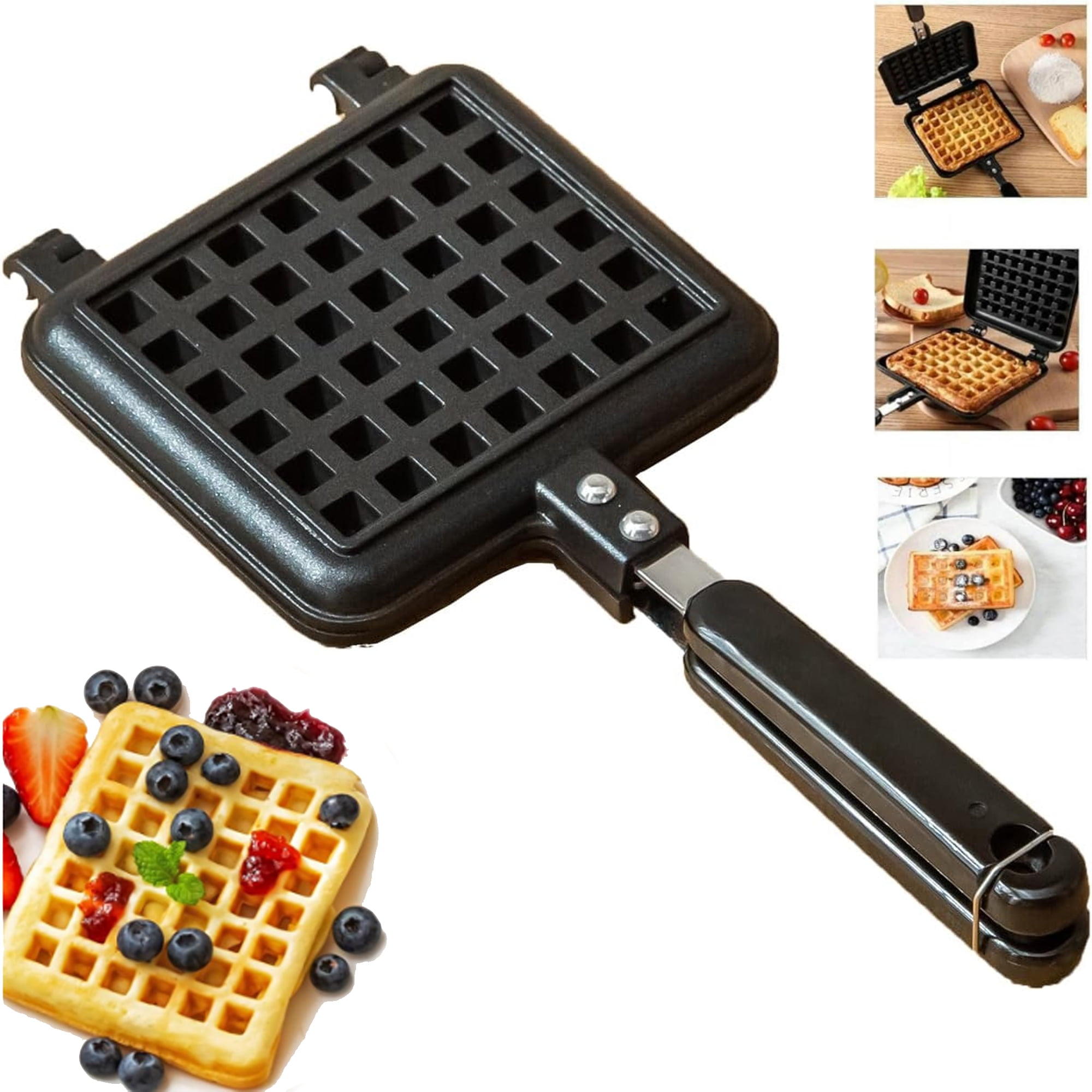 SOONHUA Cast Iron Waffle Maker Pan 12.4x5.1" Stove Top Waffle Iron ...
