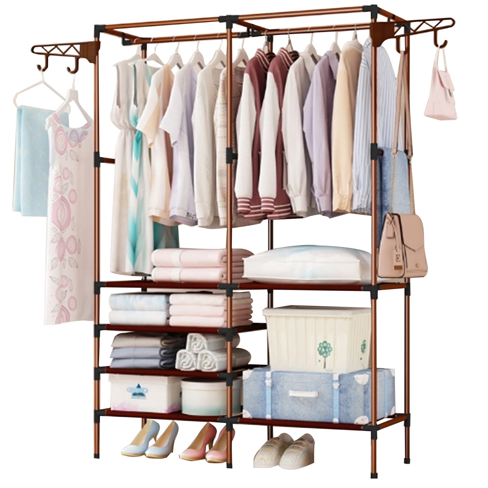 SOONHUA Heavy Duty Garment Rack Free Standing Wardrobe Closet with 2 ...