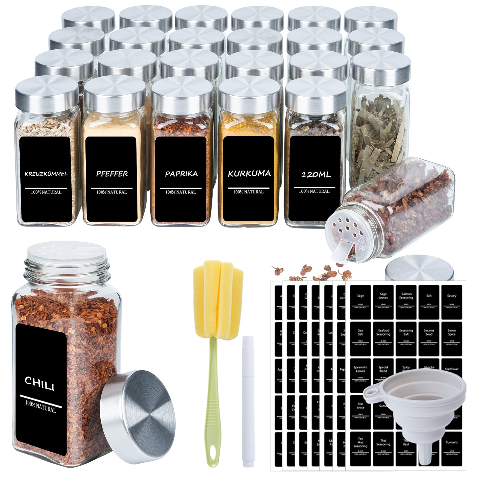 SOONTRANS 24 Pcs Glass Spice Jars with Labels, Glass Jars with Lids ...