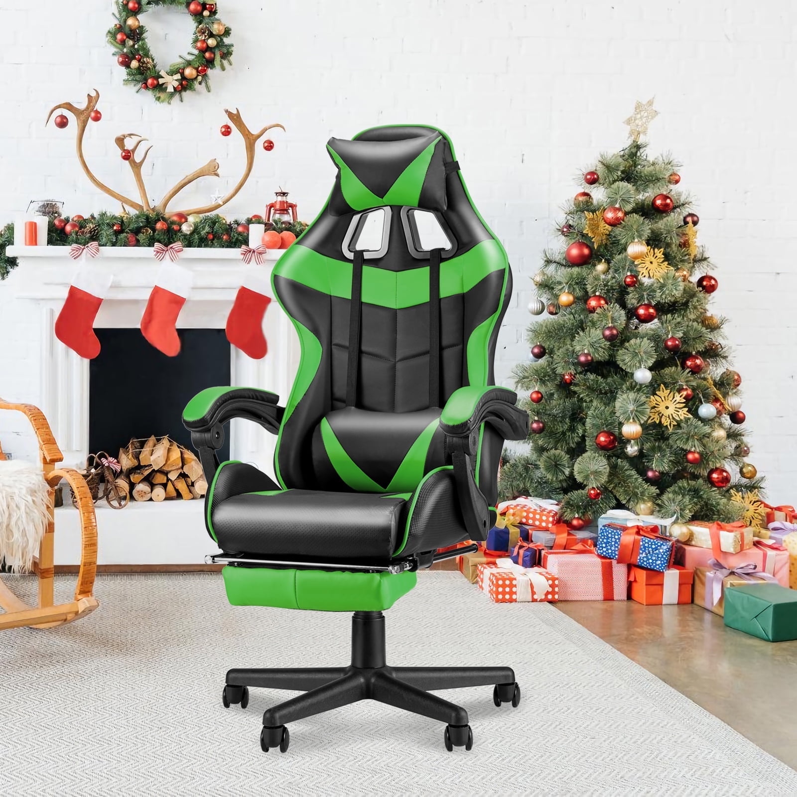 SOONTRANS Green Gaming Chair with Footrest, High Back Gamer Chair with ...