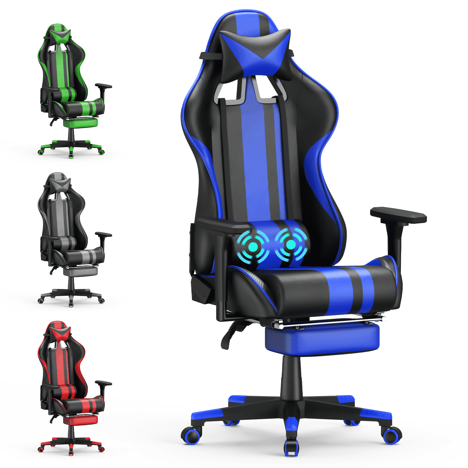 Soontrans Blue Gaming Chair with Footrest, Ergonomic Leather PC Chair ...