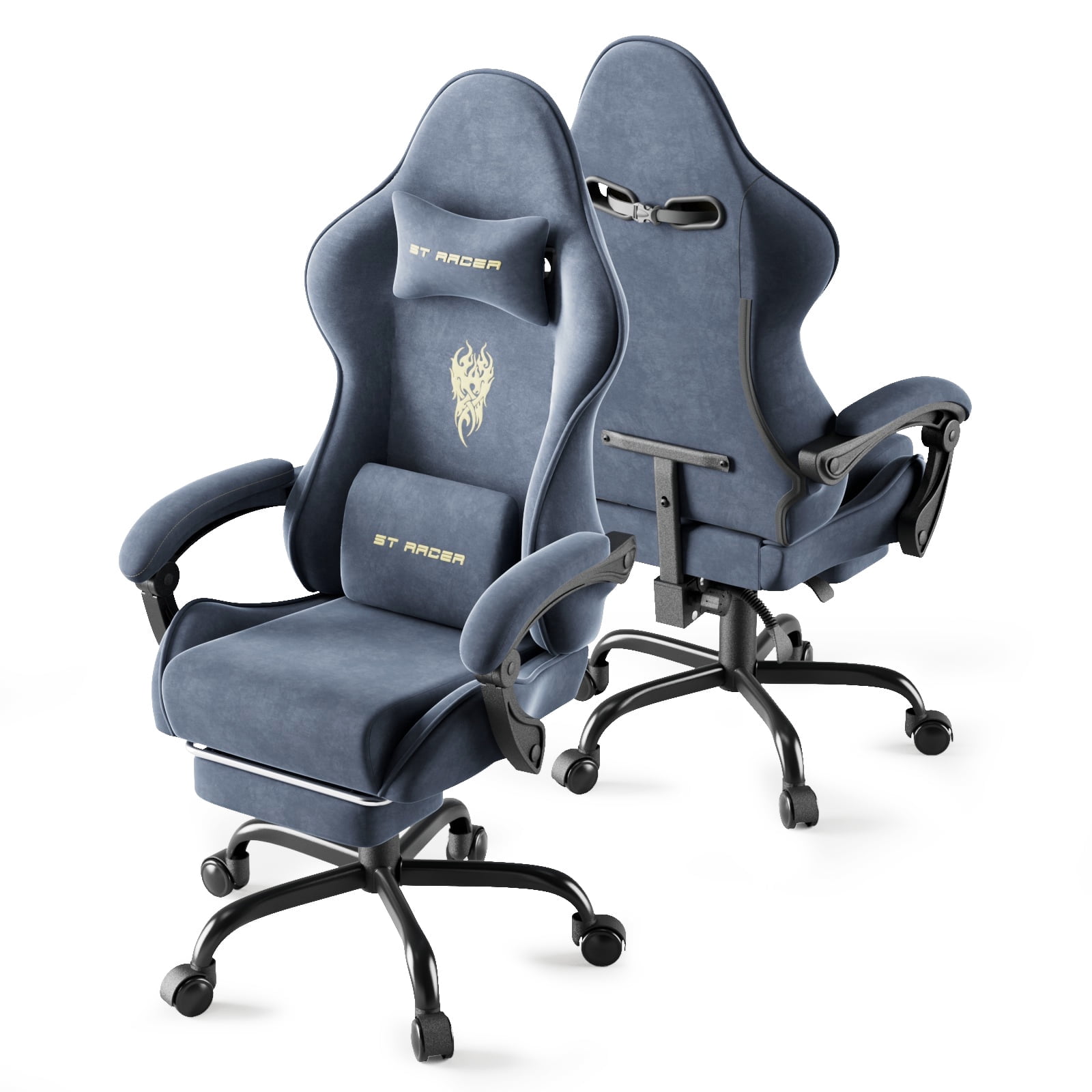 SOONTRANS Velvet Fabric Gaming Chair with Footrest, High Back Ergonomic ...