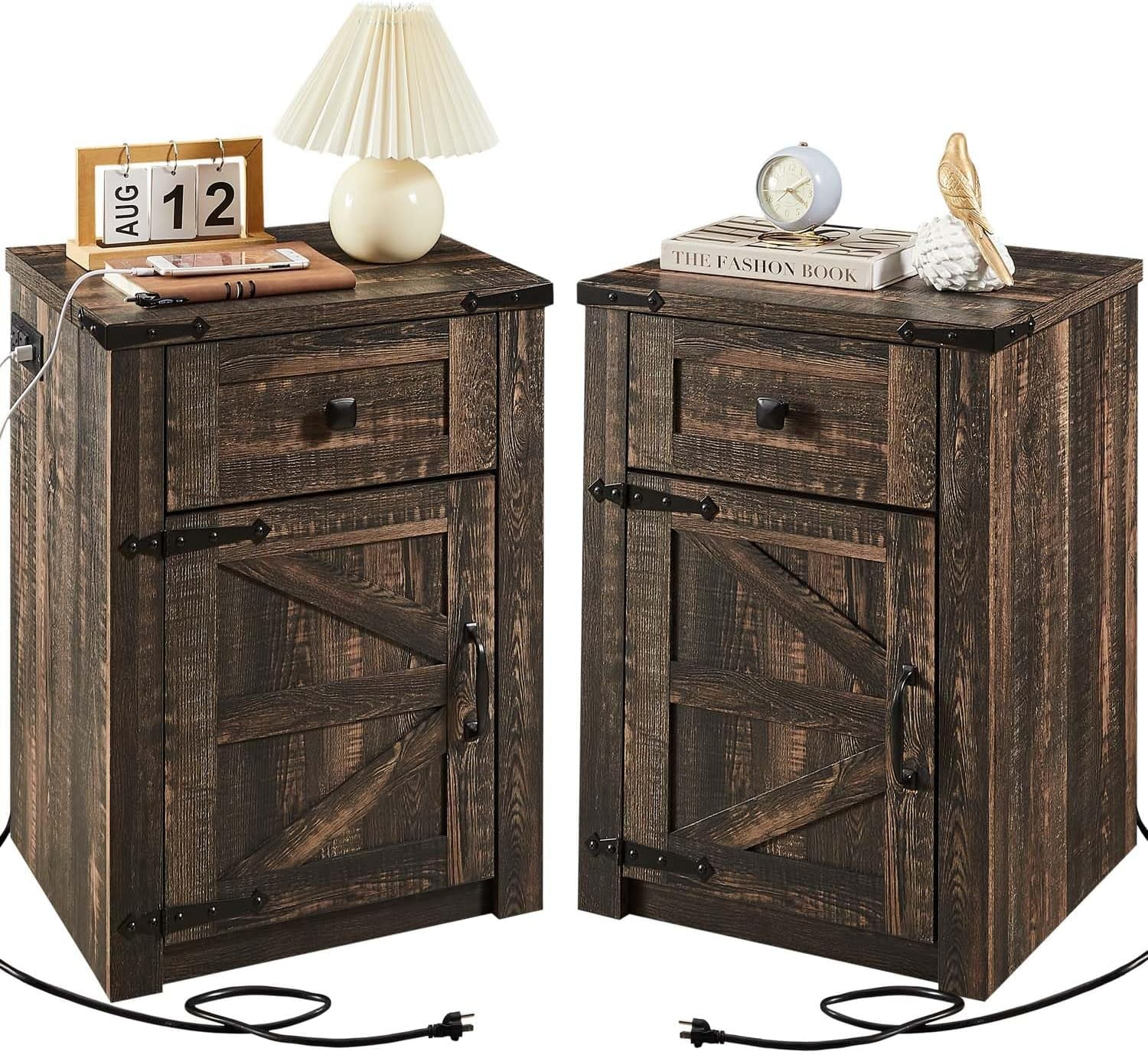 SOOWERY Nightstands Set of 2, Nightstand with Charging Station ...