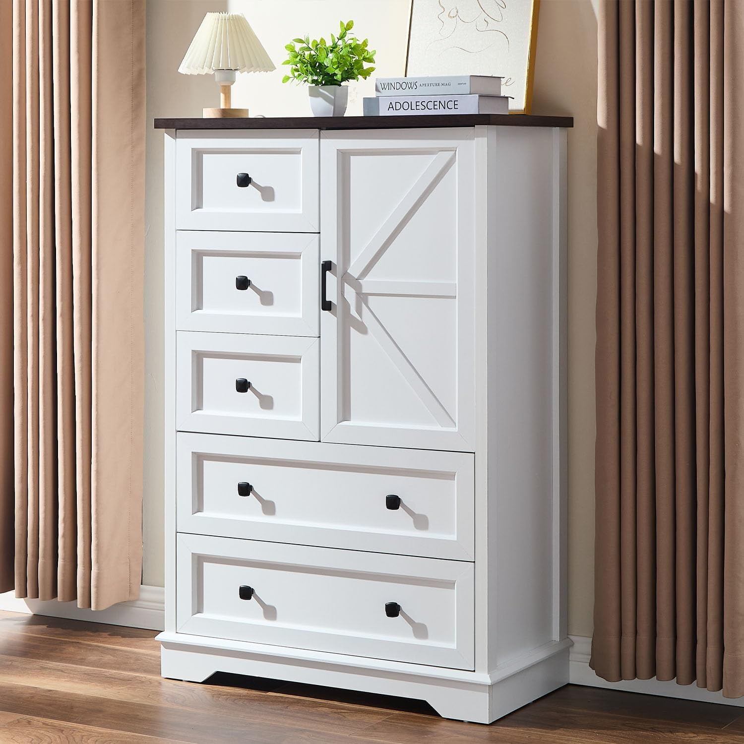 SOOWERY White Dresser for Bedroom, 5 Drawers Farmhouse Wood Dresser ...