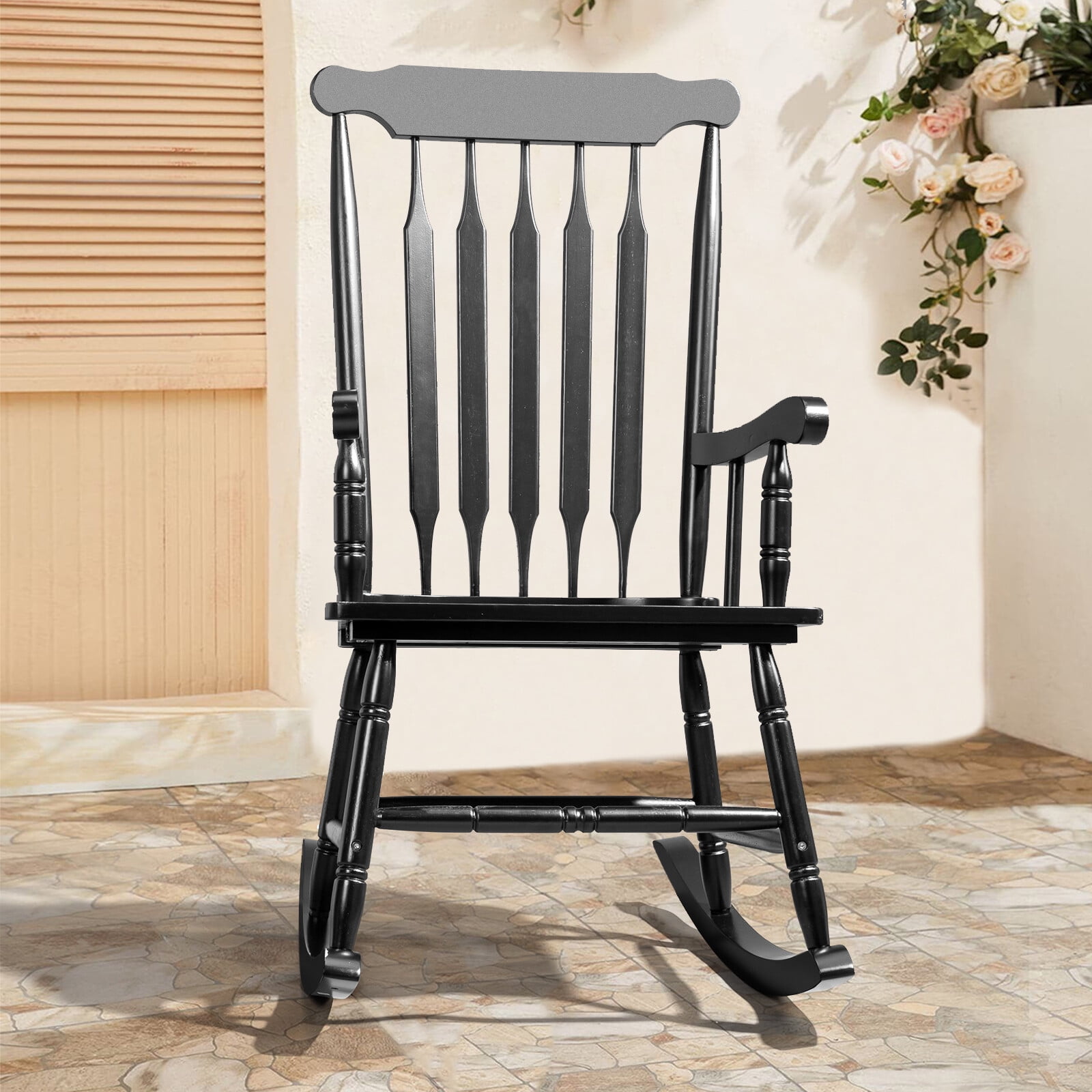 SOPEV Patio Rocking Chair Solid Rubber Wood, Outdoor Porch Rocker Chair ...