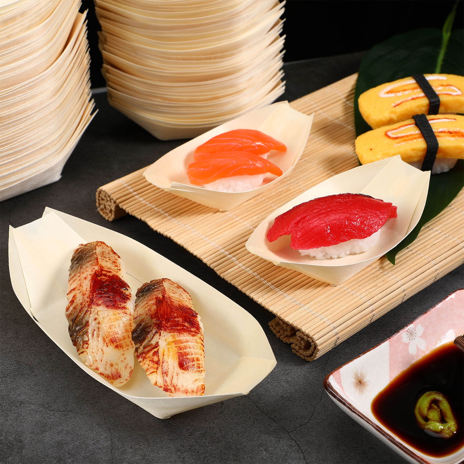 SOPOTUTU 100Pcs Disposable Sushi Tray Wood Natural Boat Shaped Plates ...